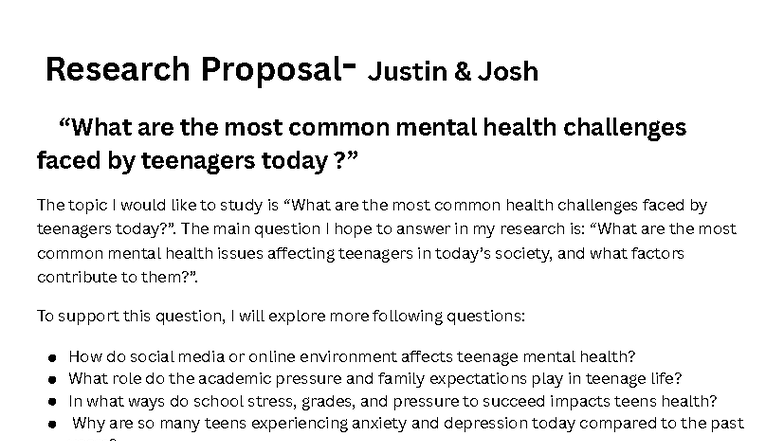 Research Proposal: Common Mental Health Challenges in Teens Today - Studocu
