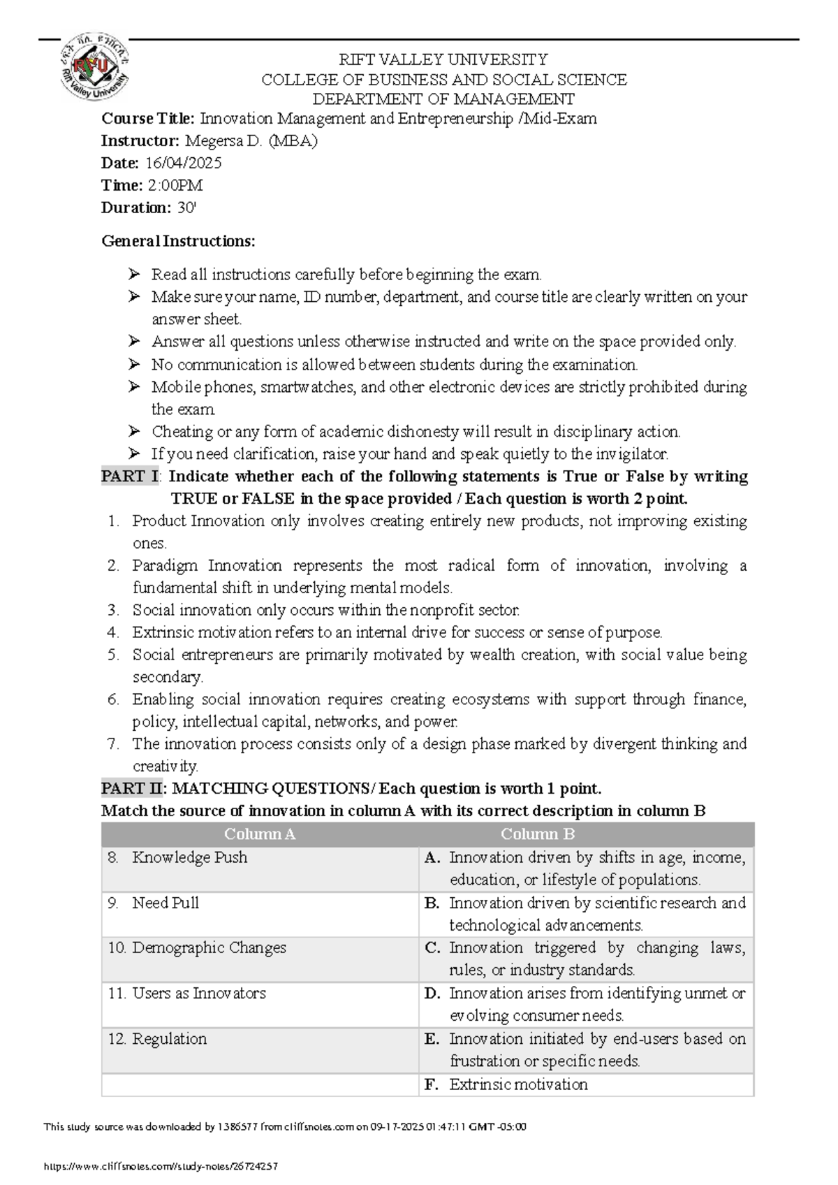 Innovation Management MIDTERM Exam - RIFT VALLEY UNIVERSITY - Studocu