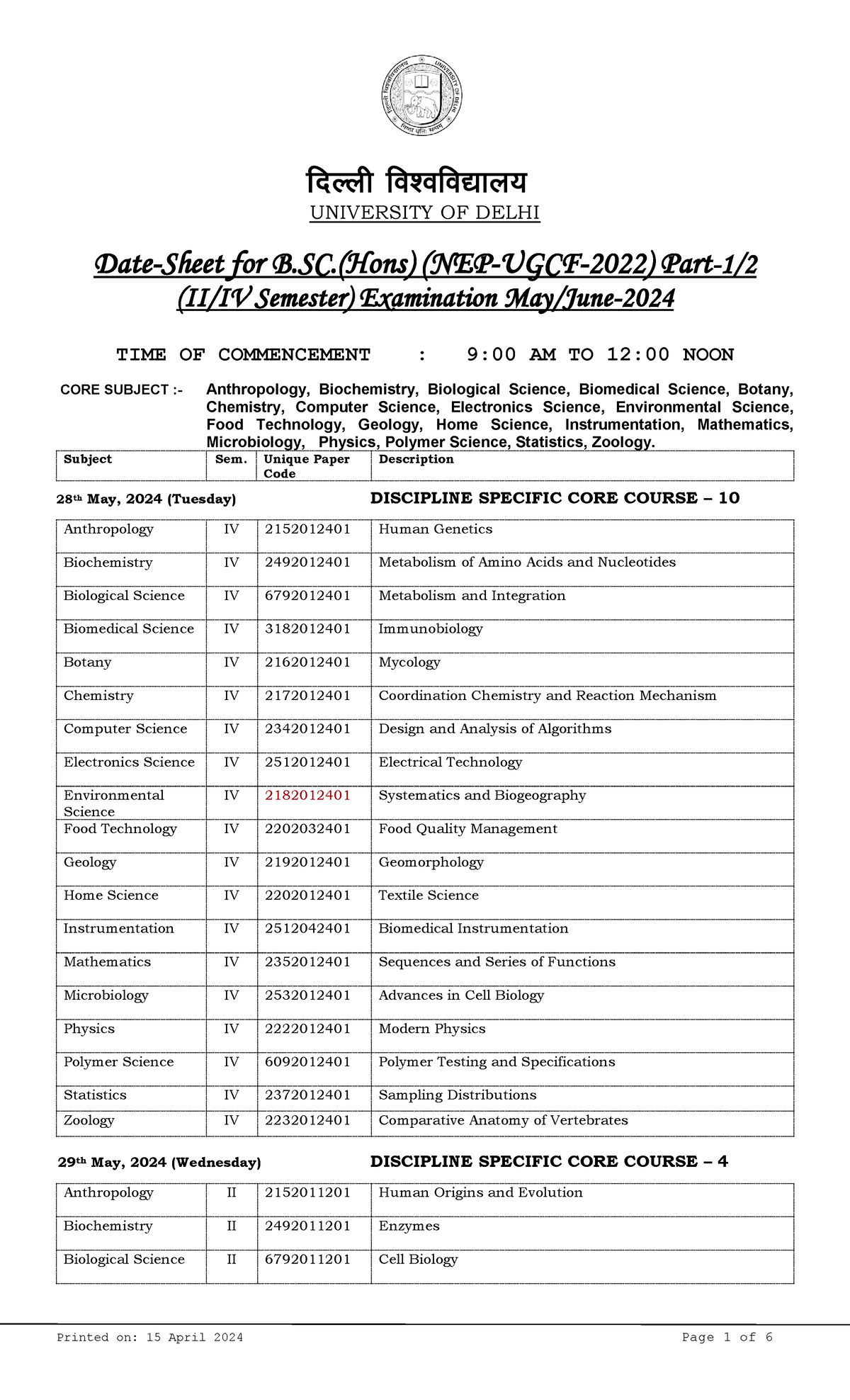 2024 B.SC.(H) 23-SEM May/June Examination Date-Sheet and Details - Studocu