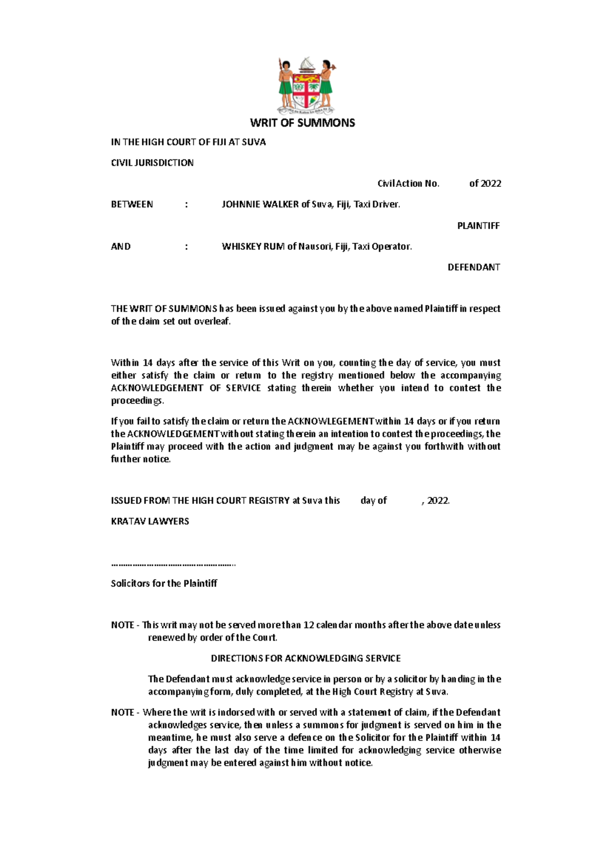 Writ of Summons Assessment - Johnnie Walker vs. Whiskey Rum Case - Studocu