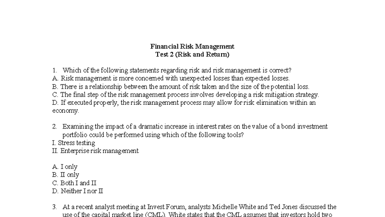 Financial Risk Management Test 2: Risk and Return Analysis - Studocu