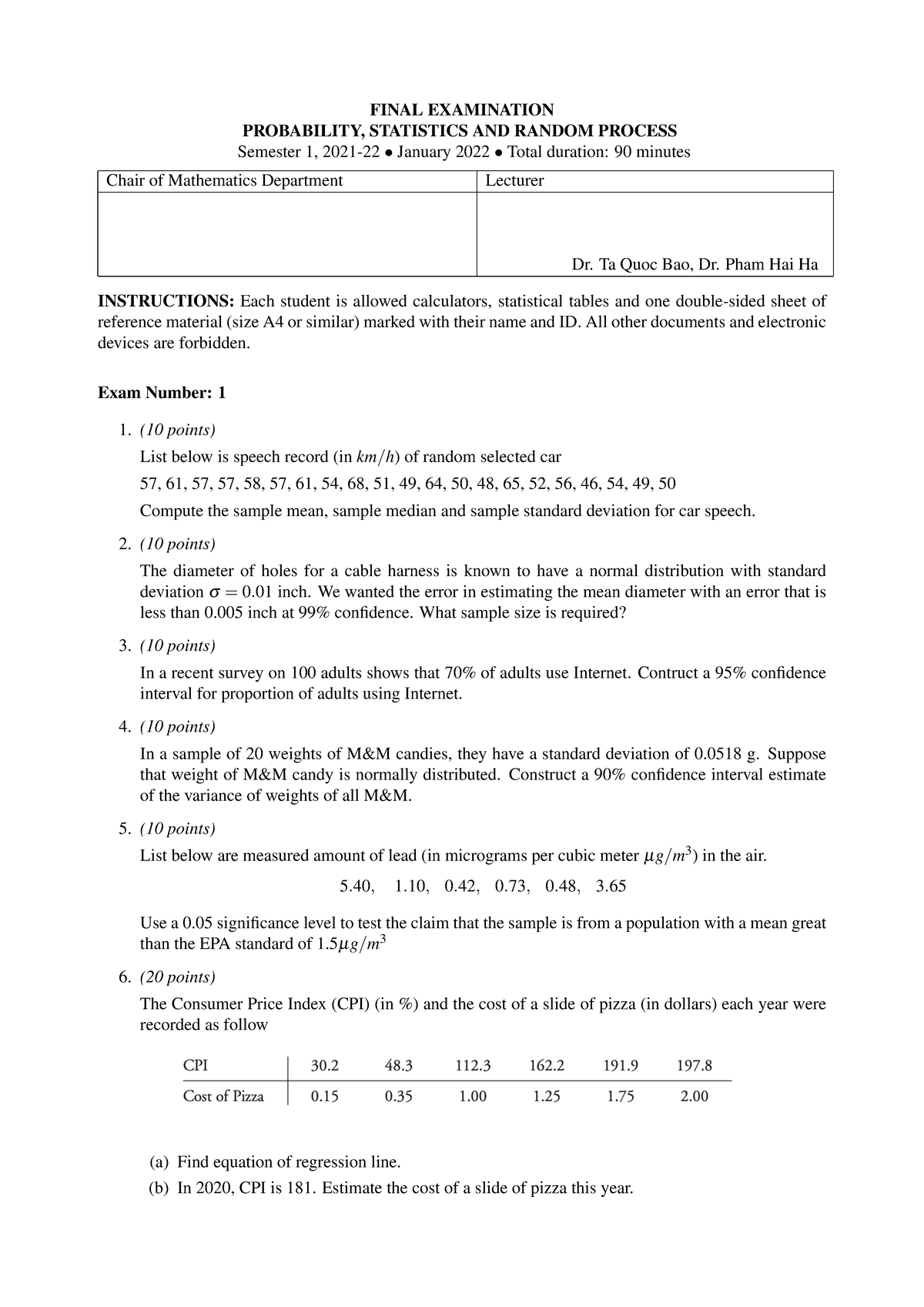 Probability, Statistics & Random Process Final Exam - IU 2022 - Studocu