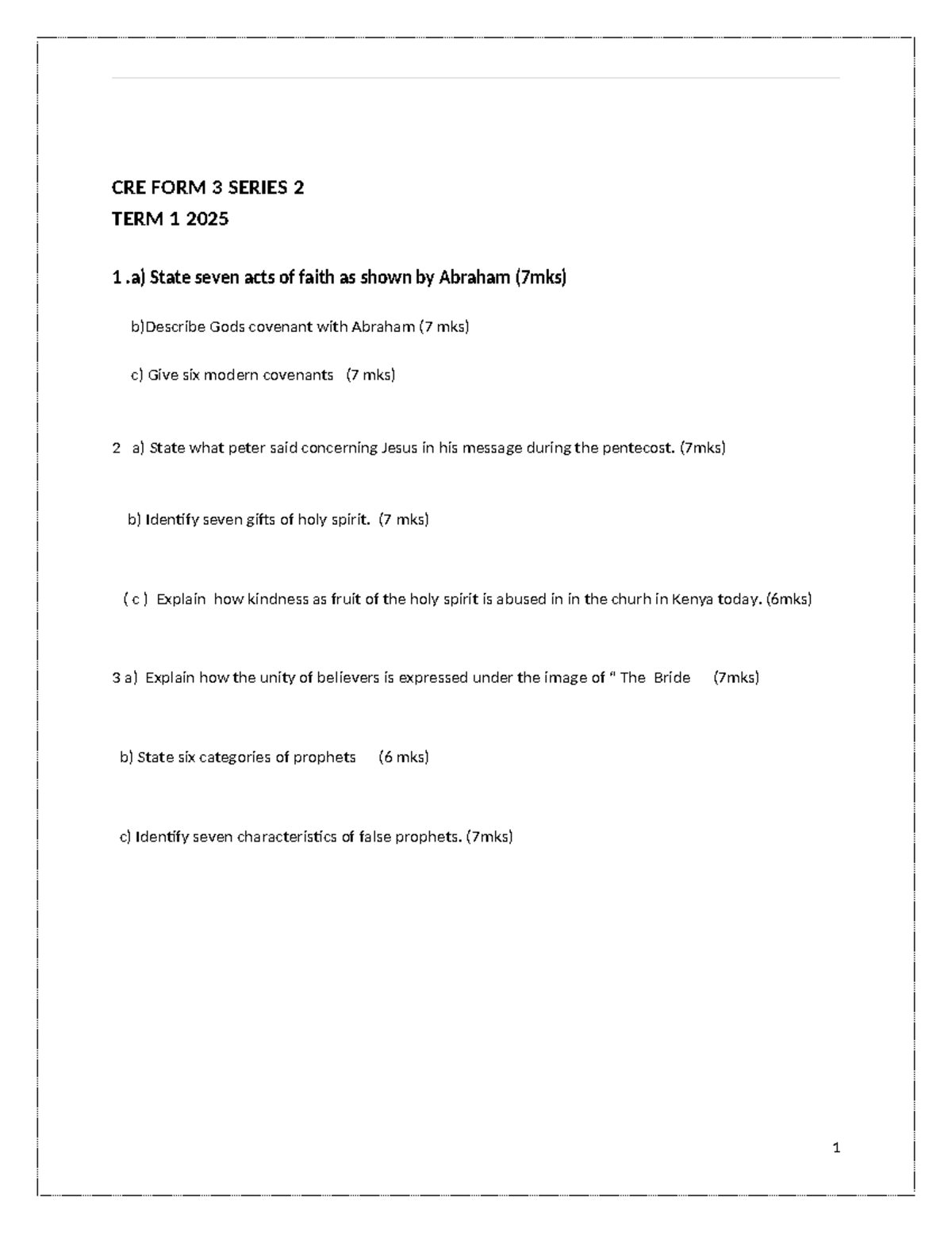 CRE FORM 3 SERIES 2 TERM 1 2025: Faith, Covenants & Prophets - Studocu