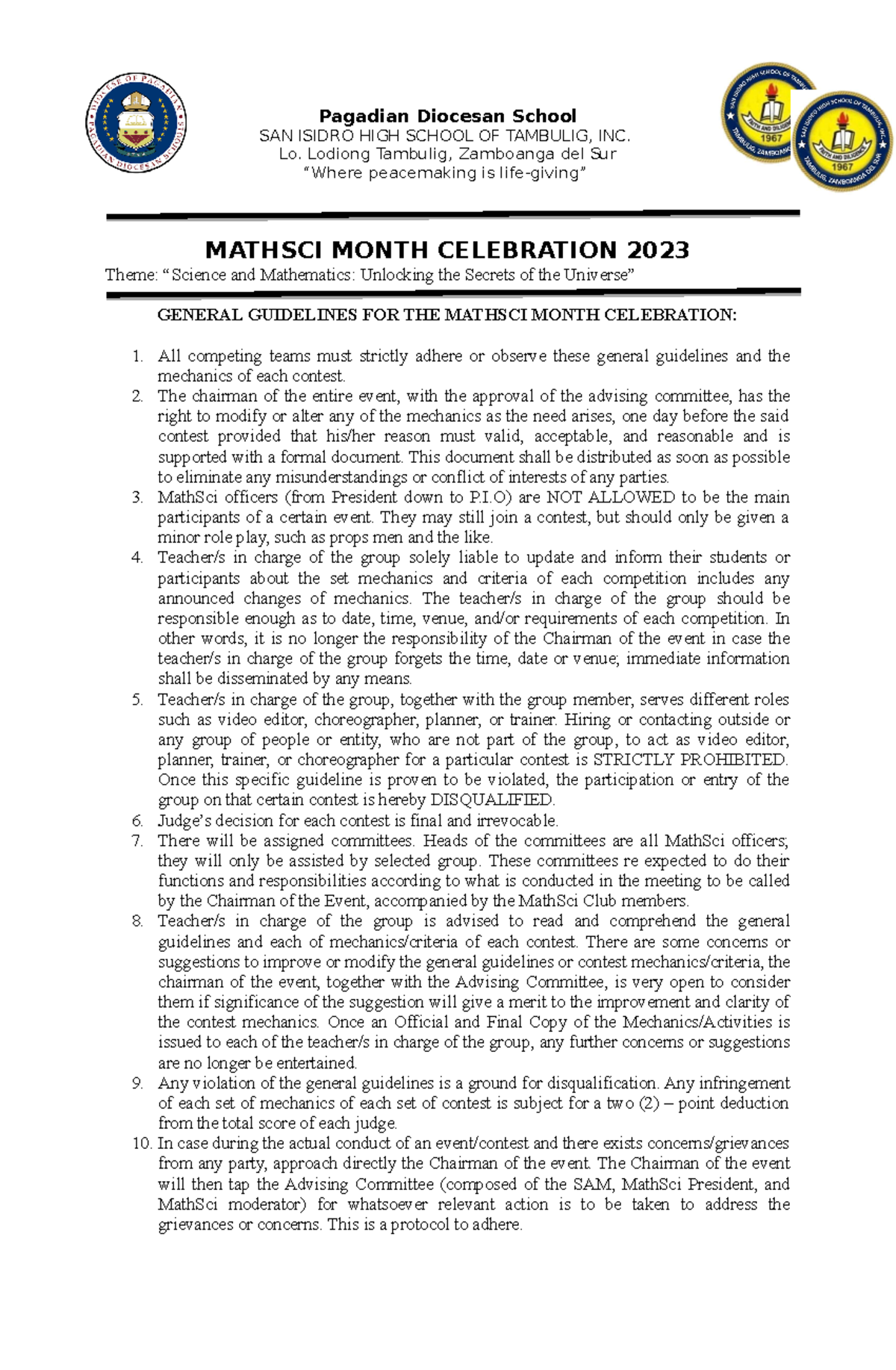 MathSci Proposal: Guidelines & Activities for 2023 Celebration - Studocu