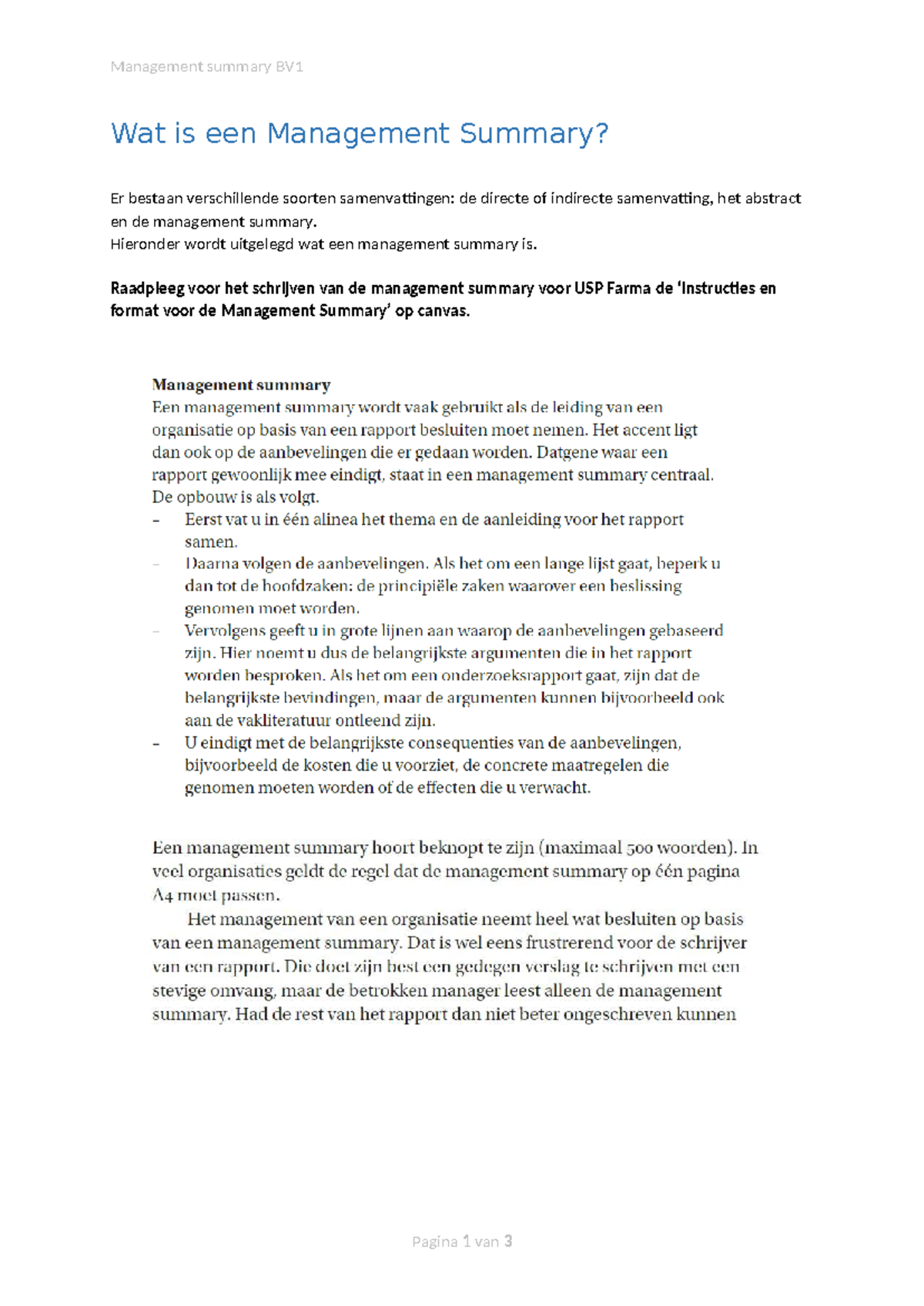 Management Summary BV1: Wat is een Managementsamenvatting? - Studeersnel