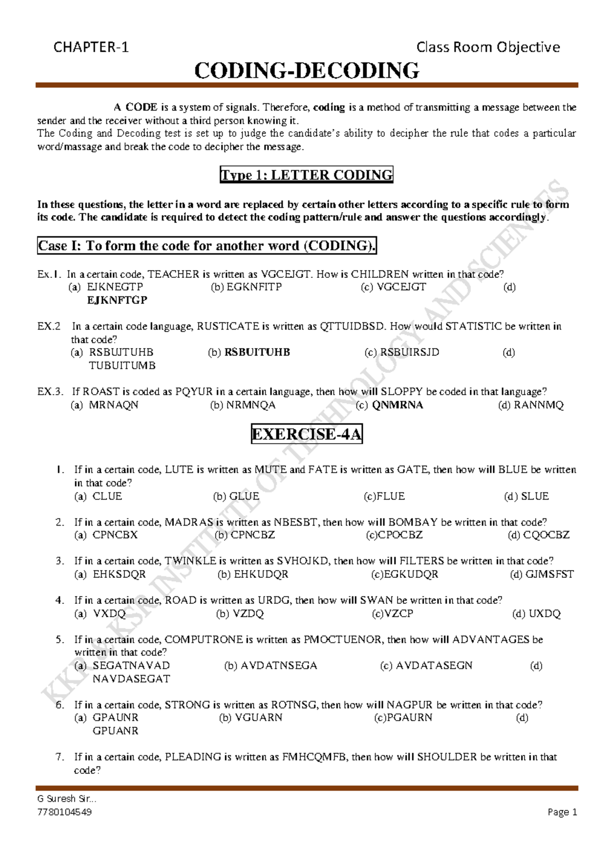 Coding-Decoding Reasoning Material (Class Room Objective) - Studocu
