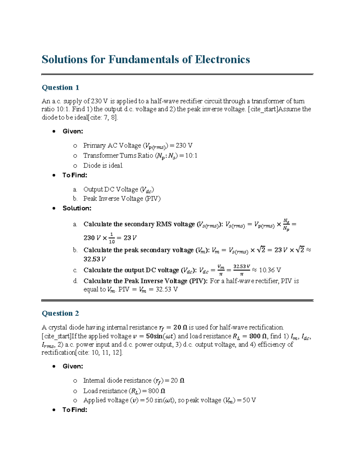 234 - Numericals on Rectifier Circuits and Output Calculations - Studocu