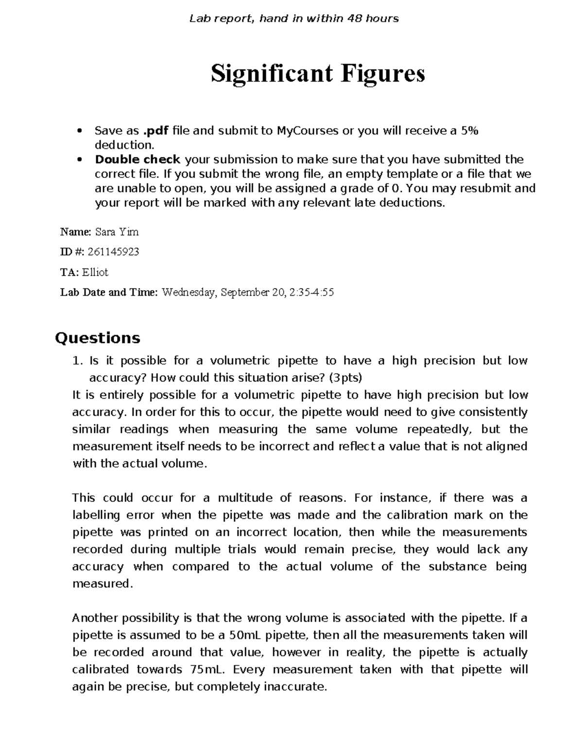 Chemistry Lab Report: Significant Figures & Precision Analysis (Lab ...