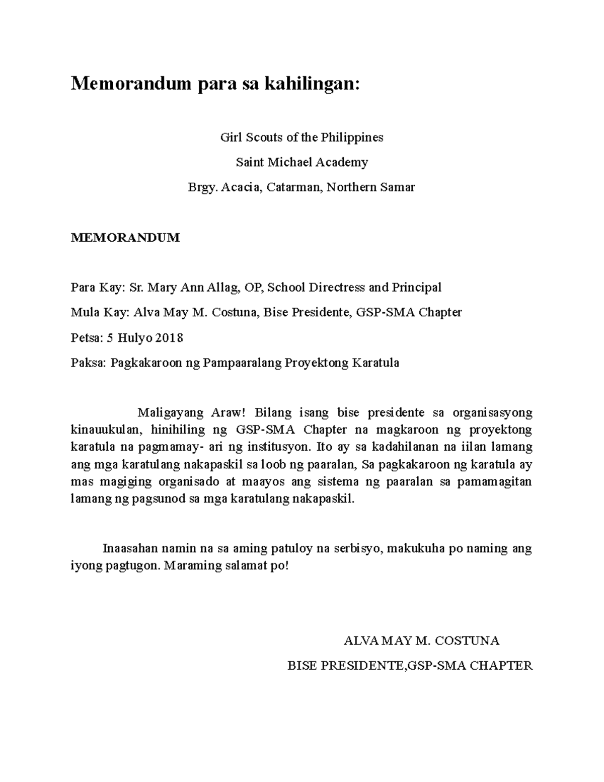 Memorandum para sa Kahilingan at Unang Pagpupulong - IPLAN - Studocu