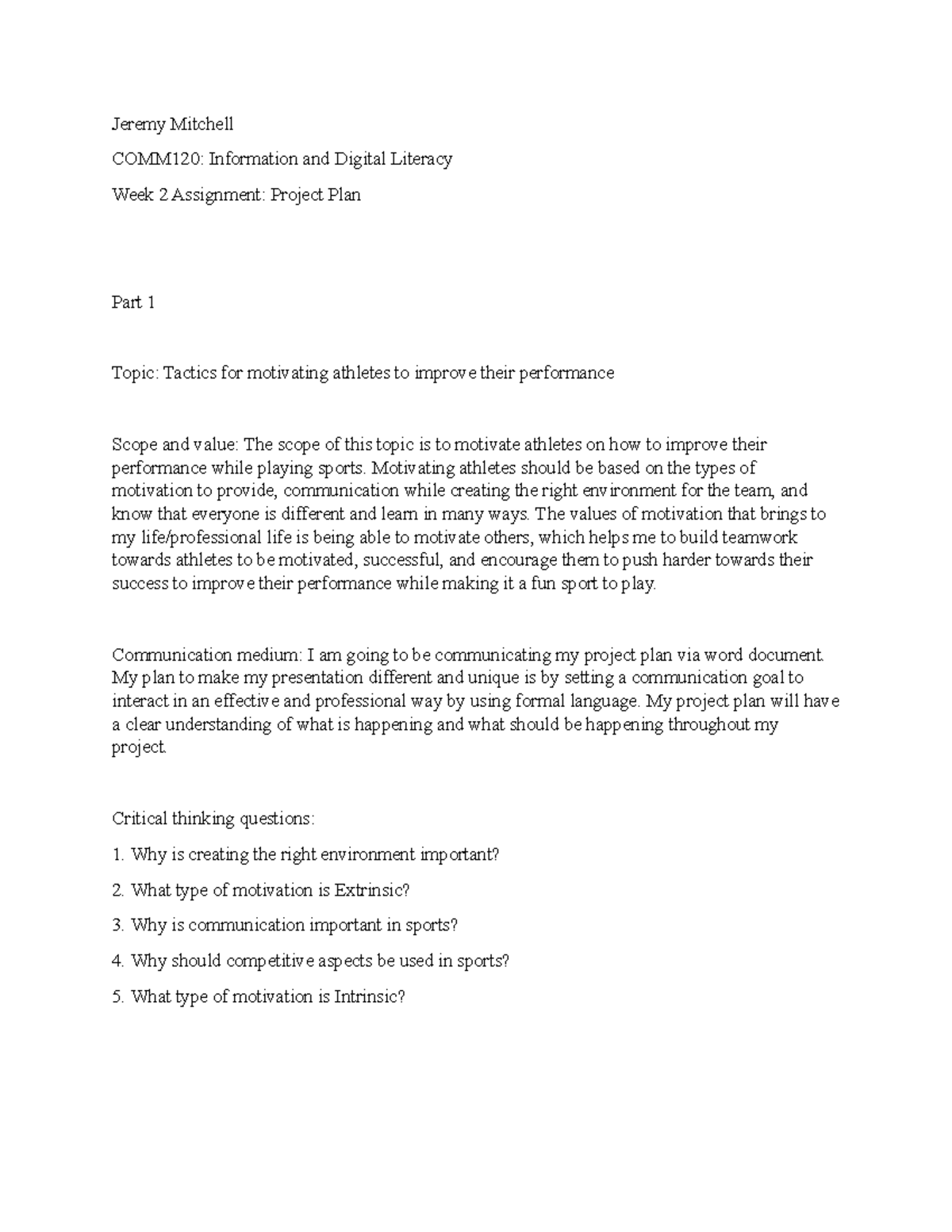 Jeremy Mitchell Week 2 Assignment Project Plan - Jeremy Mitchell ...