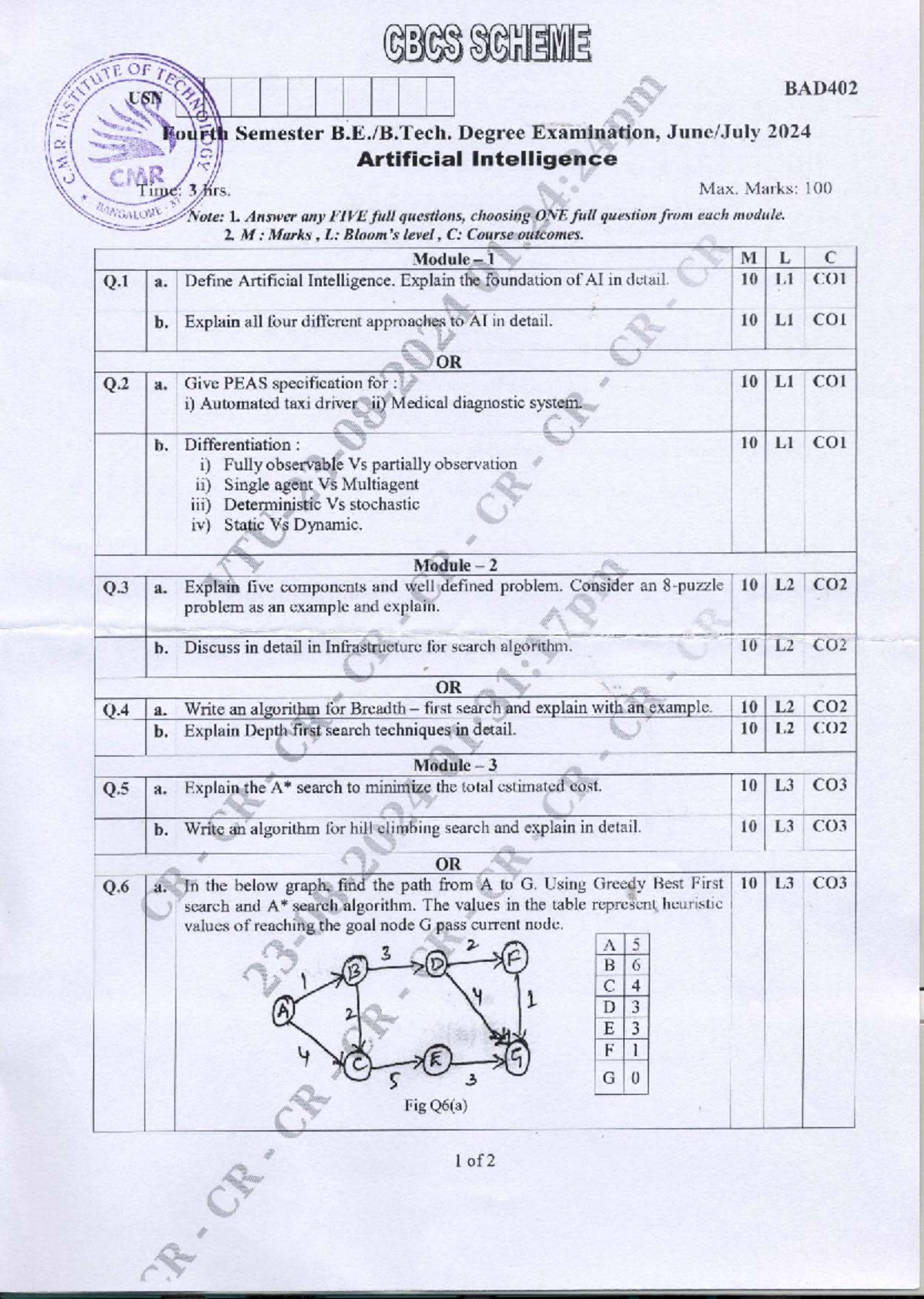 VTU Question Paper of BAD402 Artificial Intelligence Jun-July-2024 ...