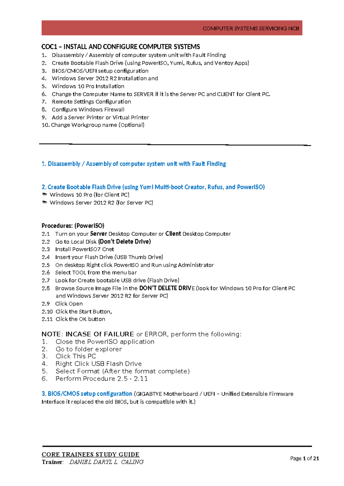 CSS NC II CORE Study Guide COC 1 4 - Page 1 of 21 COC1 – INSTALL AND CONFIGURE COMPUTER SYSTEMS ...