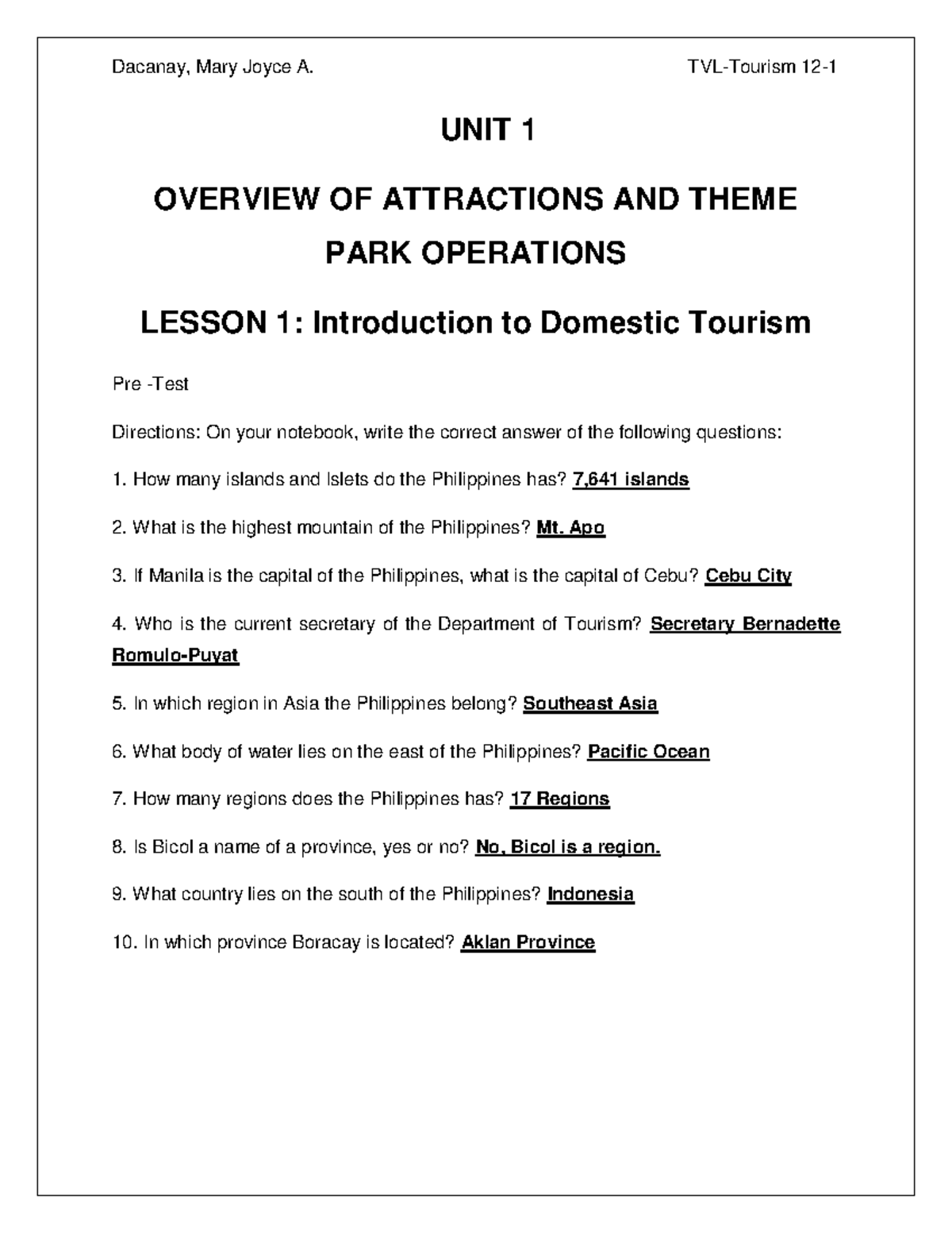 Lesson 1 Introduction to Domestic Tourism - UNIT 1 OVERVIEW OF ...