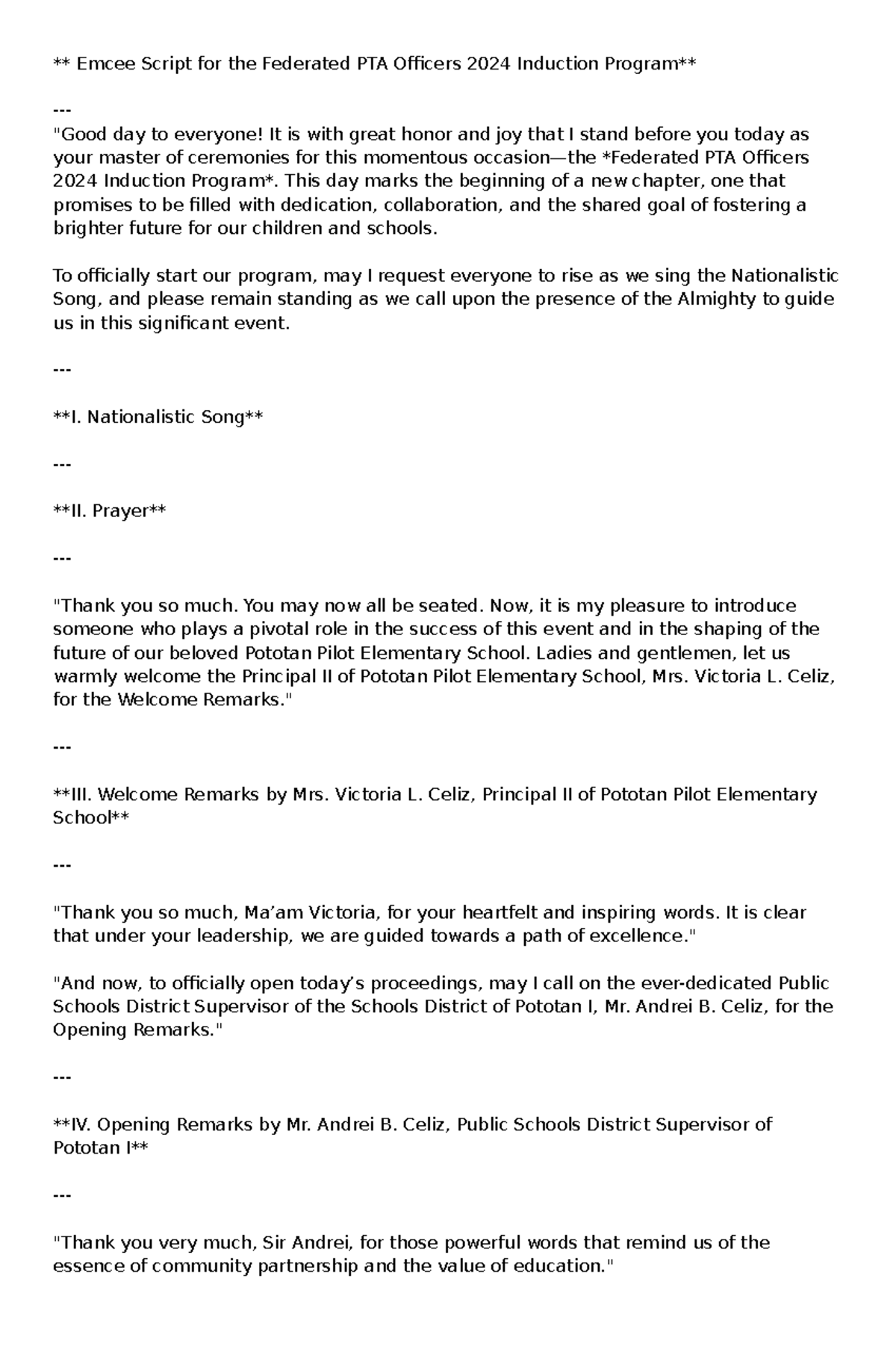 Emcee Script for the Federated PTA Officers 2024 Induction Event - Studocu