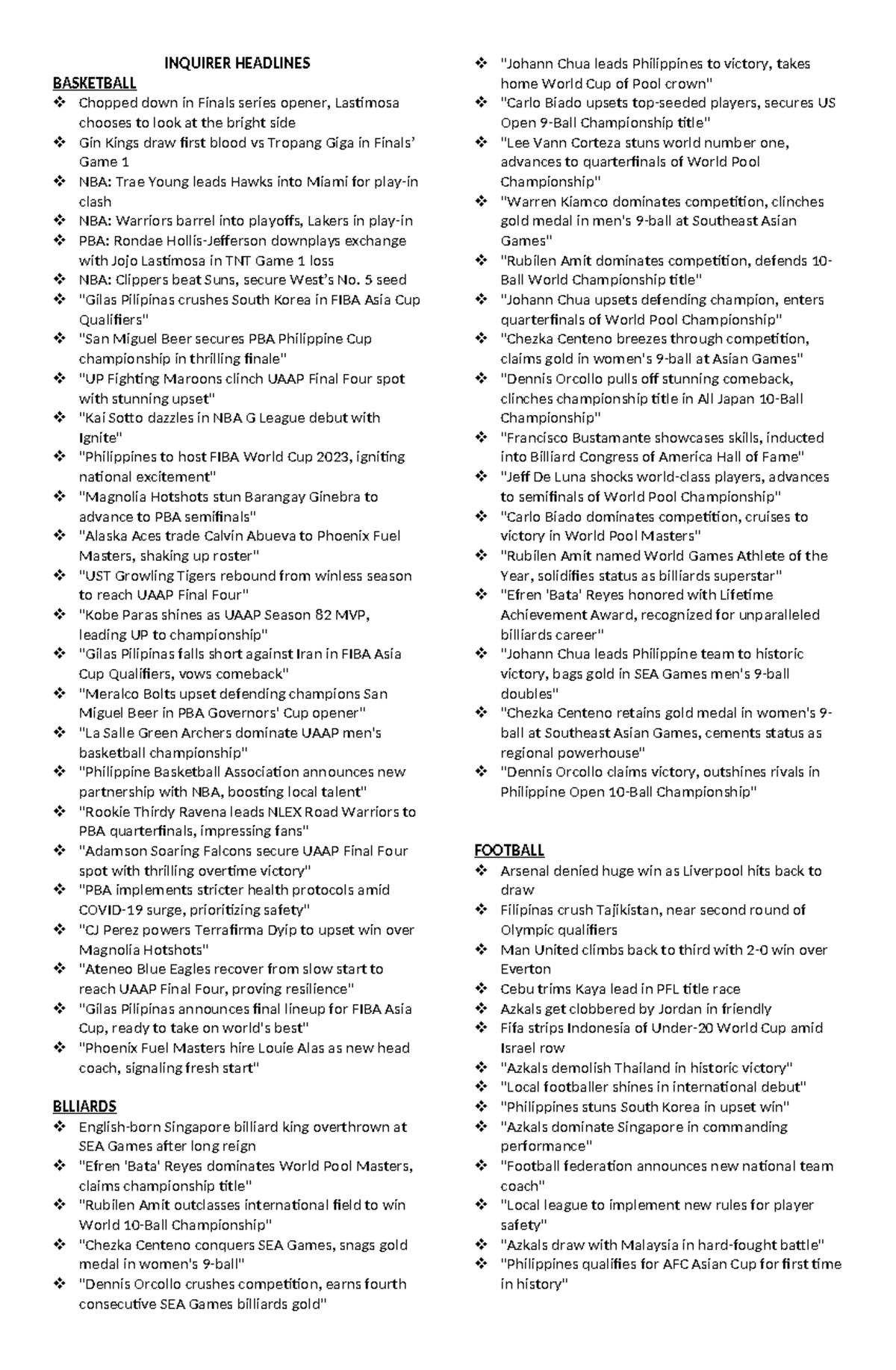 Sample- Headlines - RSPC Files - INQUIRER HEADLINES BASKETBALL Chopped down in Finals series ...