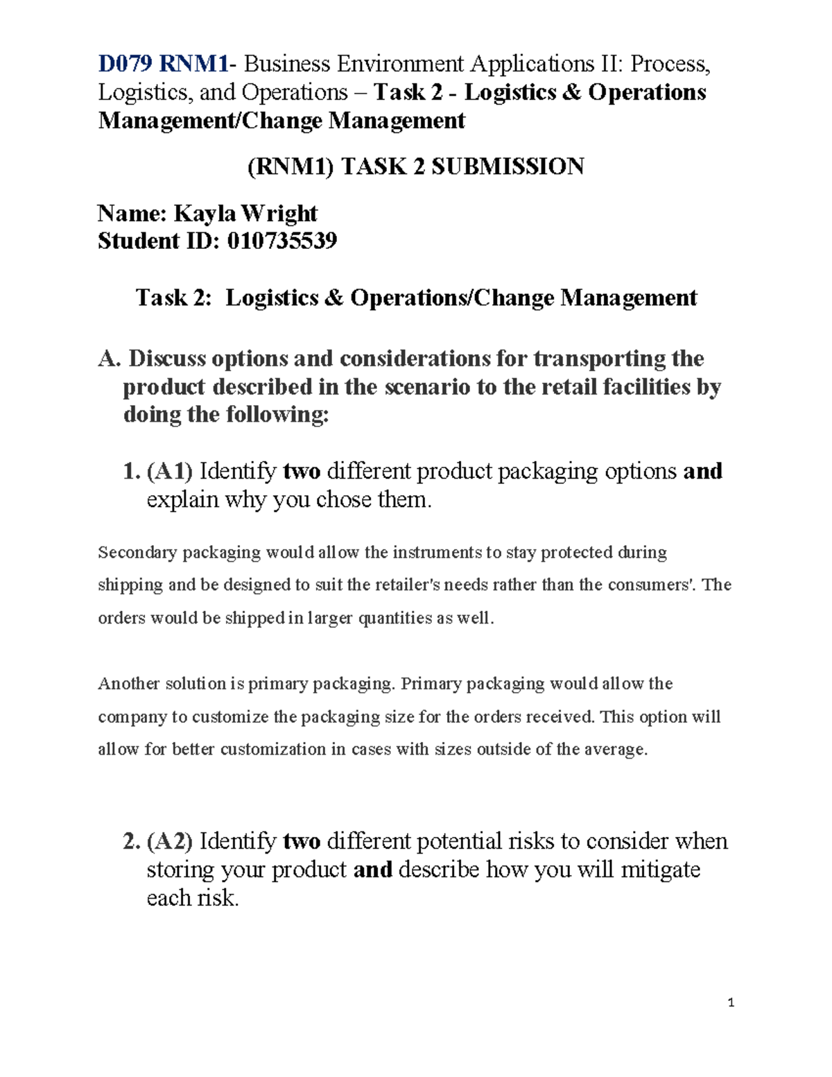 Task 2 for D079 - D079 RNM1- Business Environment Applications II ...