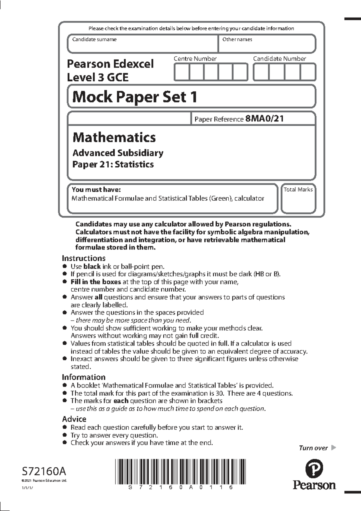 8MA0-21 AS Statistics - Mock Exam Paper Set 1 - Studocu