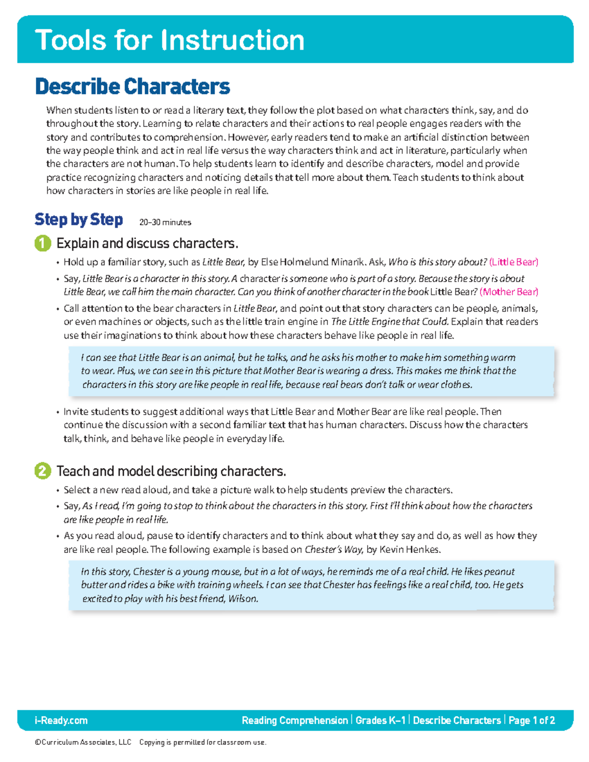 7. Describe Characters - Tools for Instruction i-Ready ©Curriculum ...
