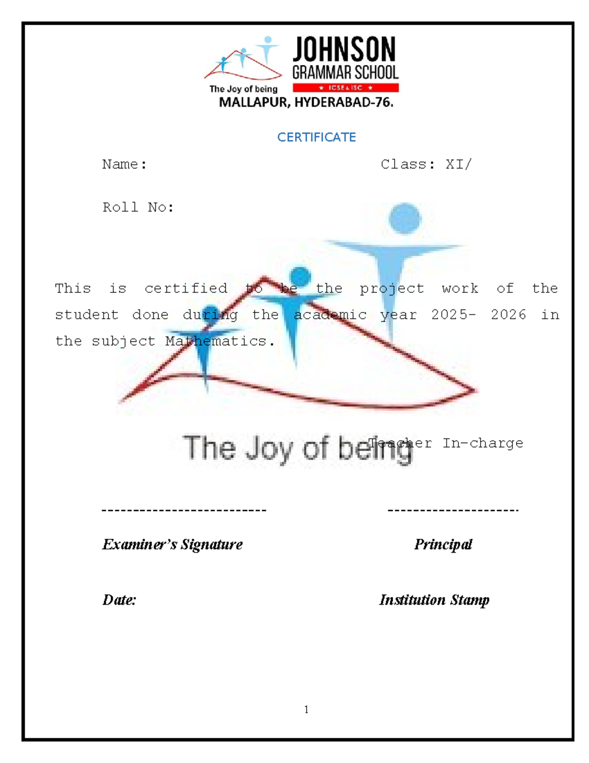 Mathematics Project Work Certificate for Class XI - 2026 - Studocu