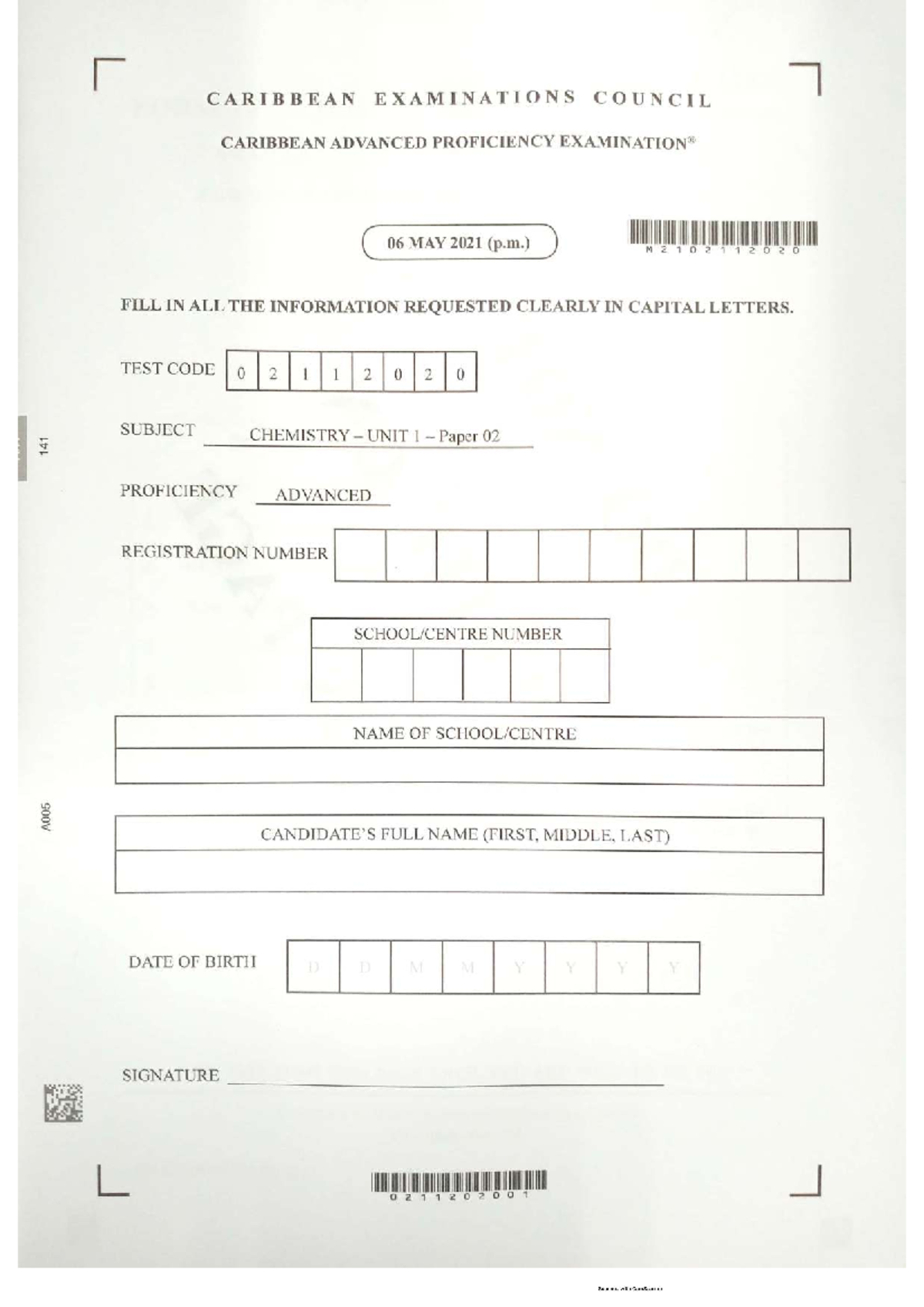 Chemistry Unit 1 Paper 02 - CAPE 141 A005 Final Exam 2021 - Studocu
