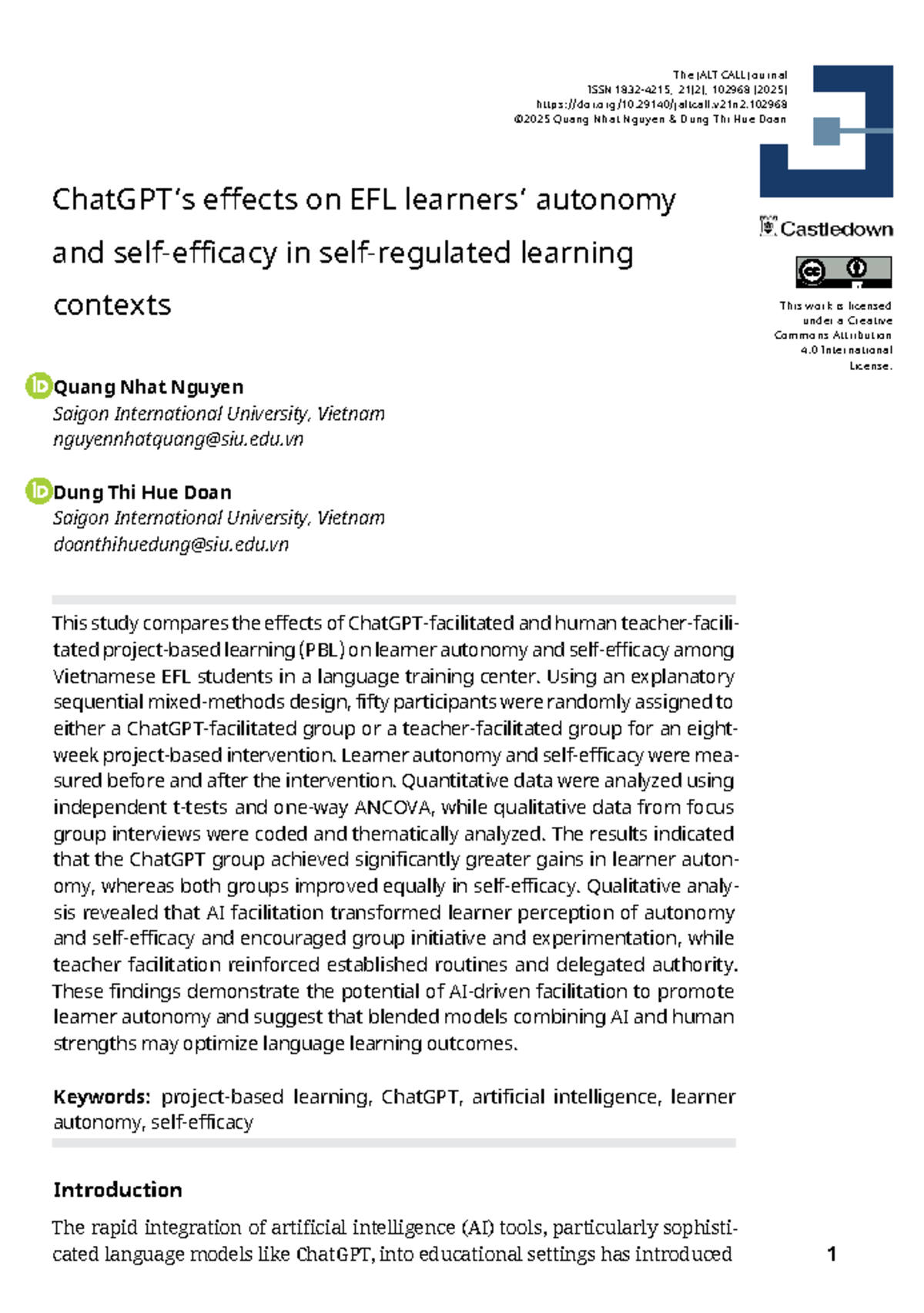 JALT CALL Journal 21(2): Effects of AI on EFL Learner Autonomy - Studocu