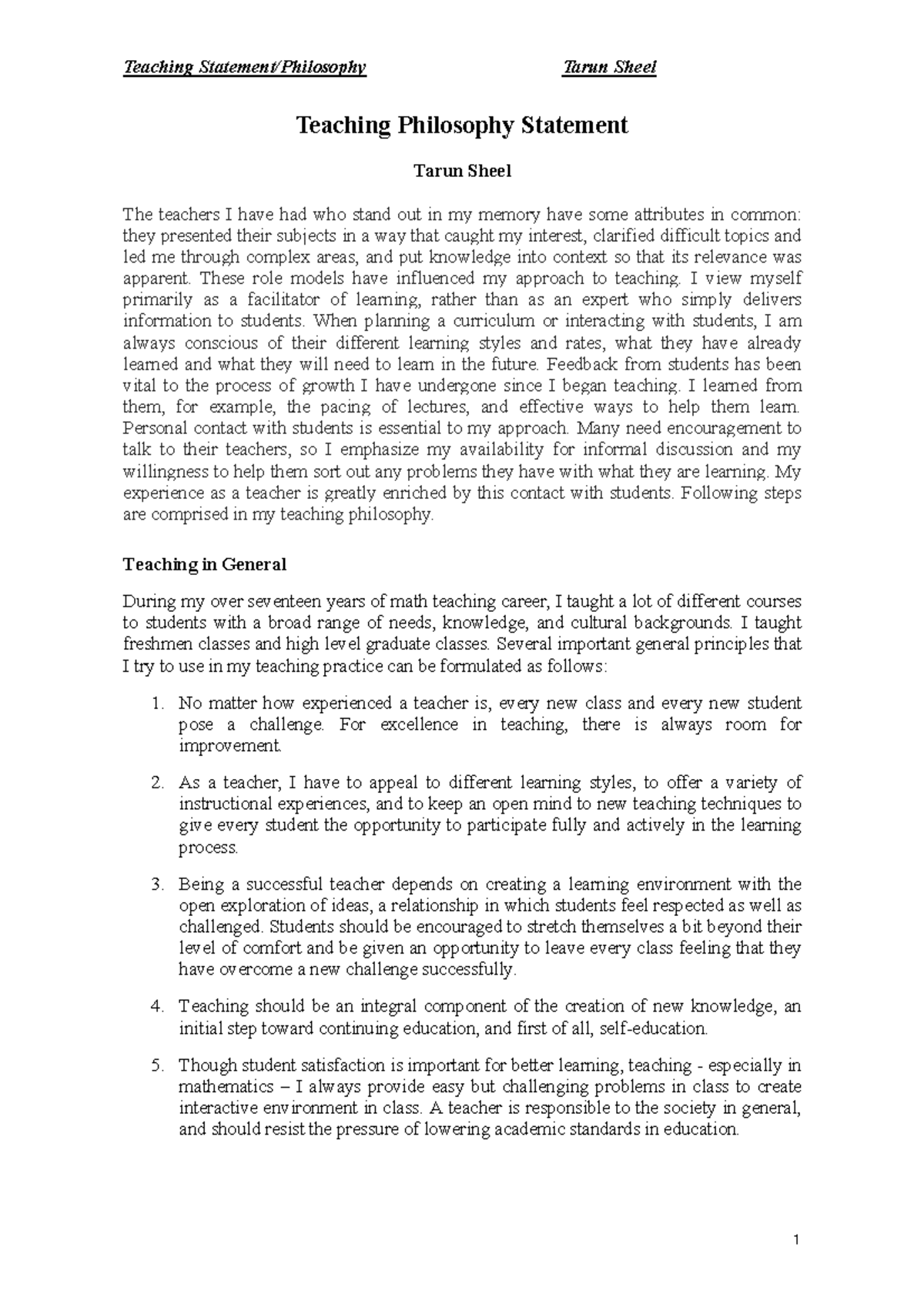 Teaching Philosophy Statement: Tarun Sheel's Approach to Mathematics ...