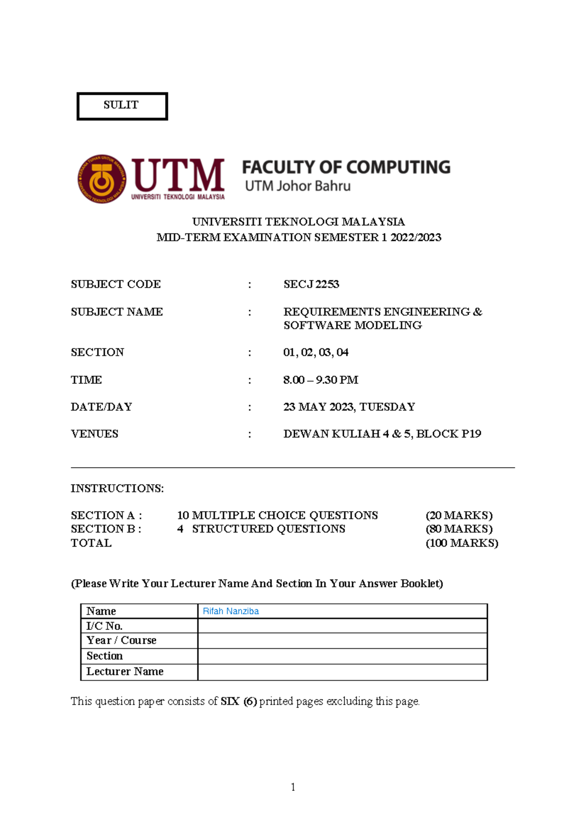 SECJ2253 Mid Term Sem2 20222023 - SUBJECT CODE : SECJ 2253 SUBJECT NAME ...