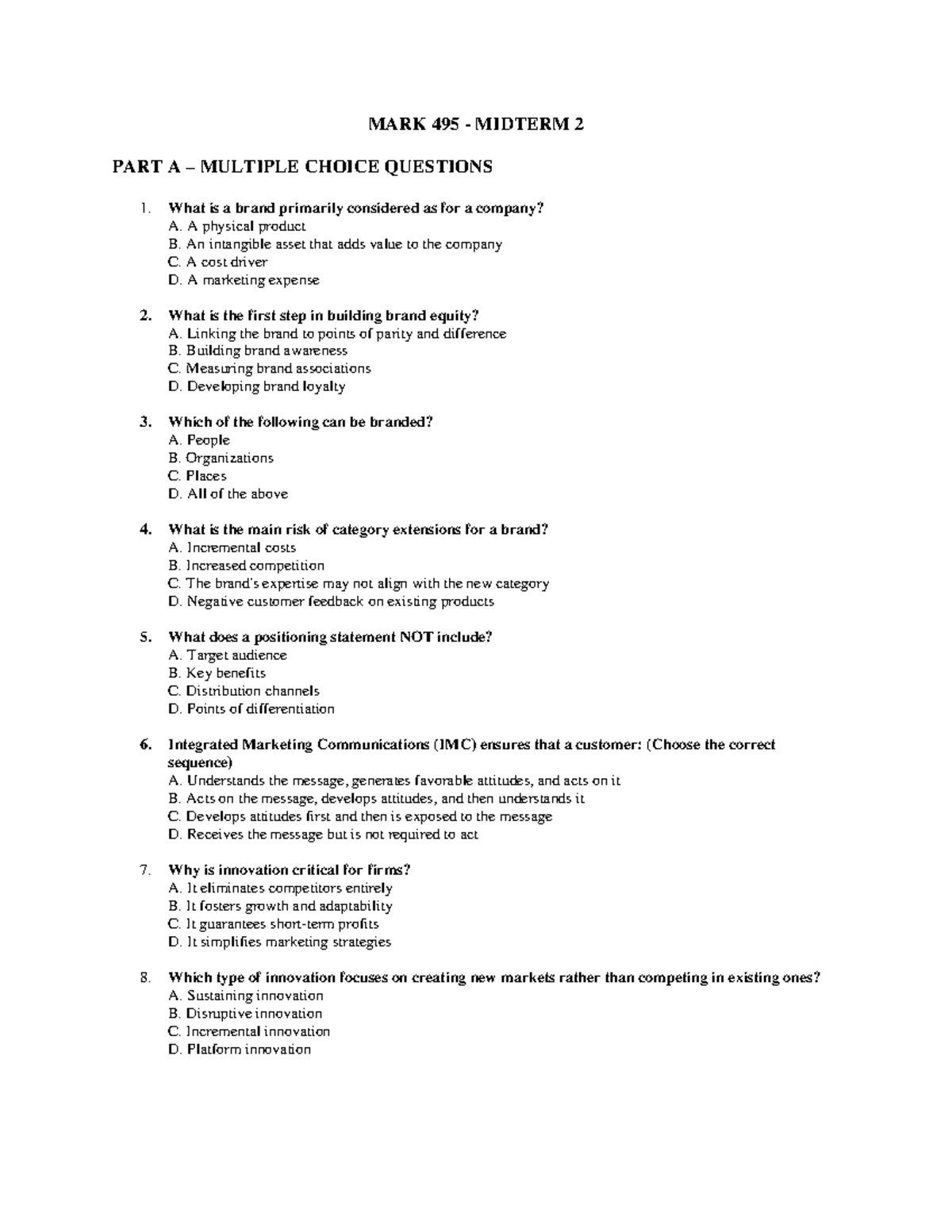 MARK 495 MIDTERM 2 MULTIPLE CHOICE & SHORT ANSWER QUESTIONS - Studocu