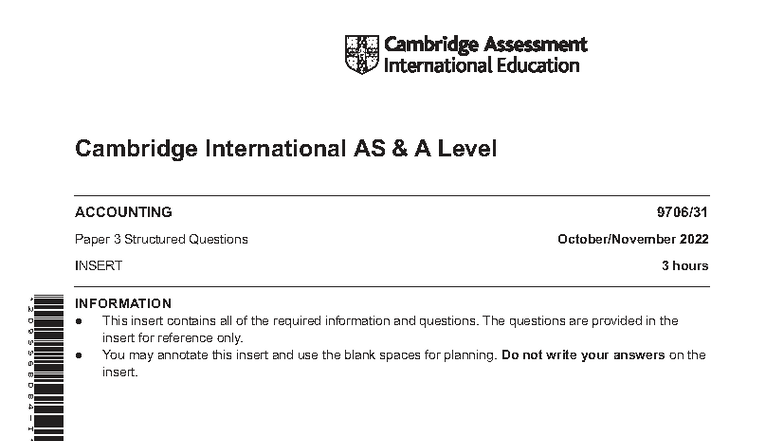 Cambridge International AS A Level ACCOUNTING 9706/31 Specimen Paper ...
