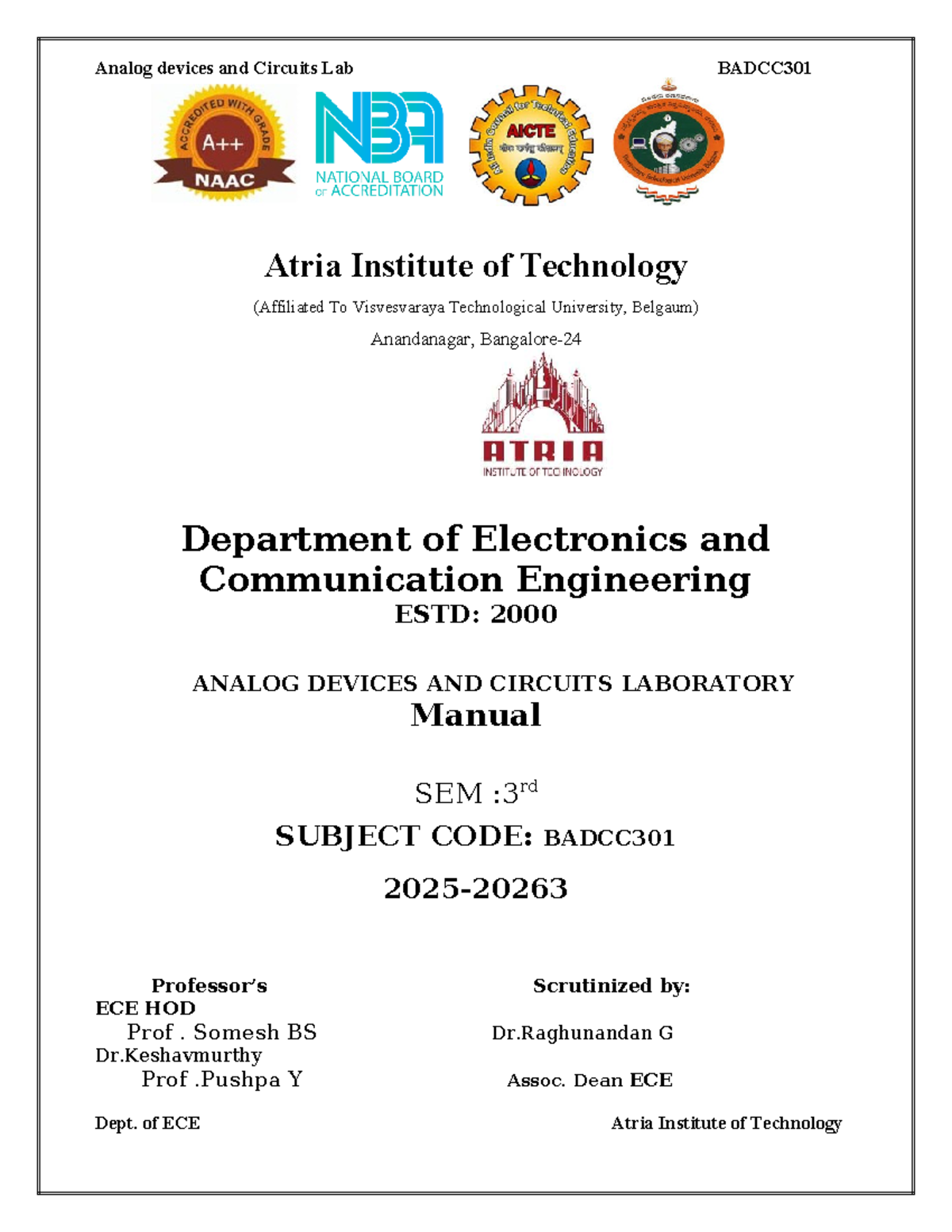 ADC Lab Manual BADCC301 - Atria Institute of Technology 2025-26 - Studocu