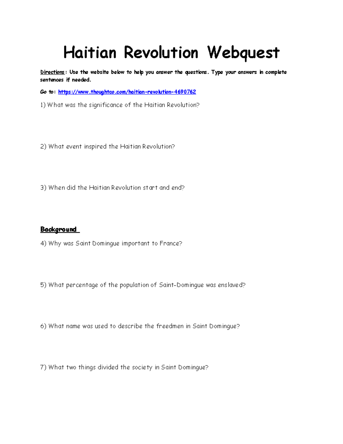 Haitian Revolution Webquest: Key Questions & Significant Insights - Studocu
