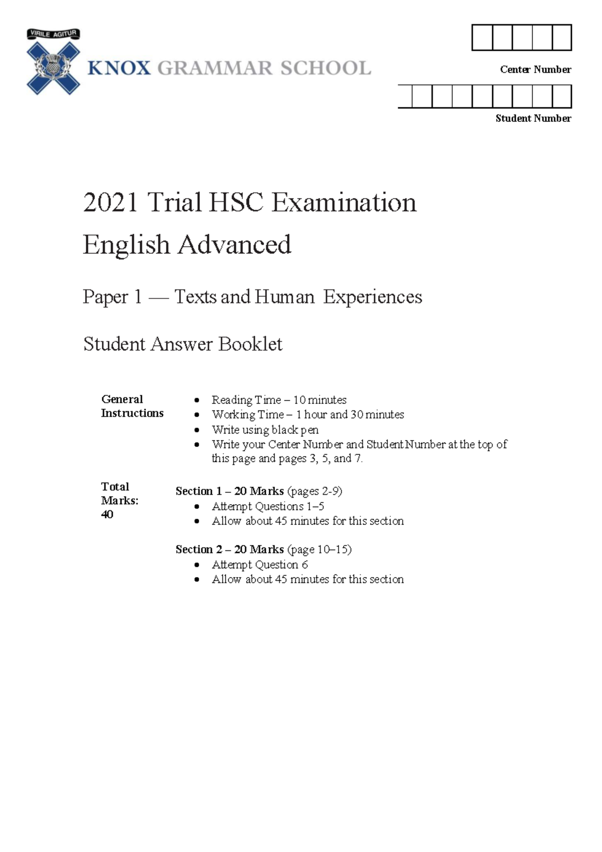 Knox 2021 English Advanced Trial HSC Exam Paper 1: Texts & Human ...