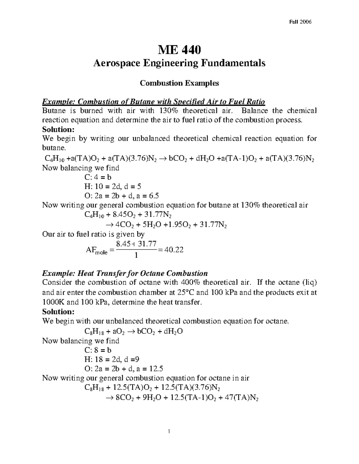 Combustion Examples - ME 440 Aerospace Engineering Lecture Notes - Studocu