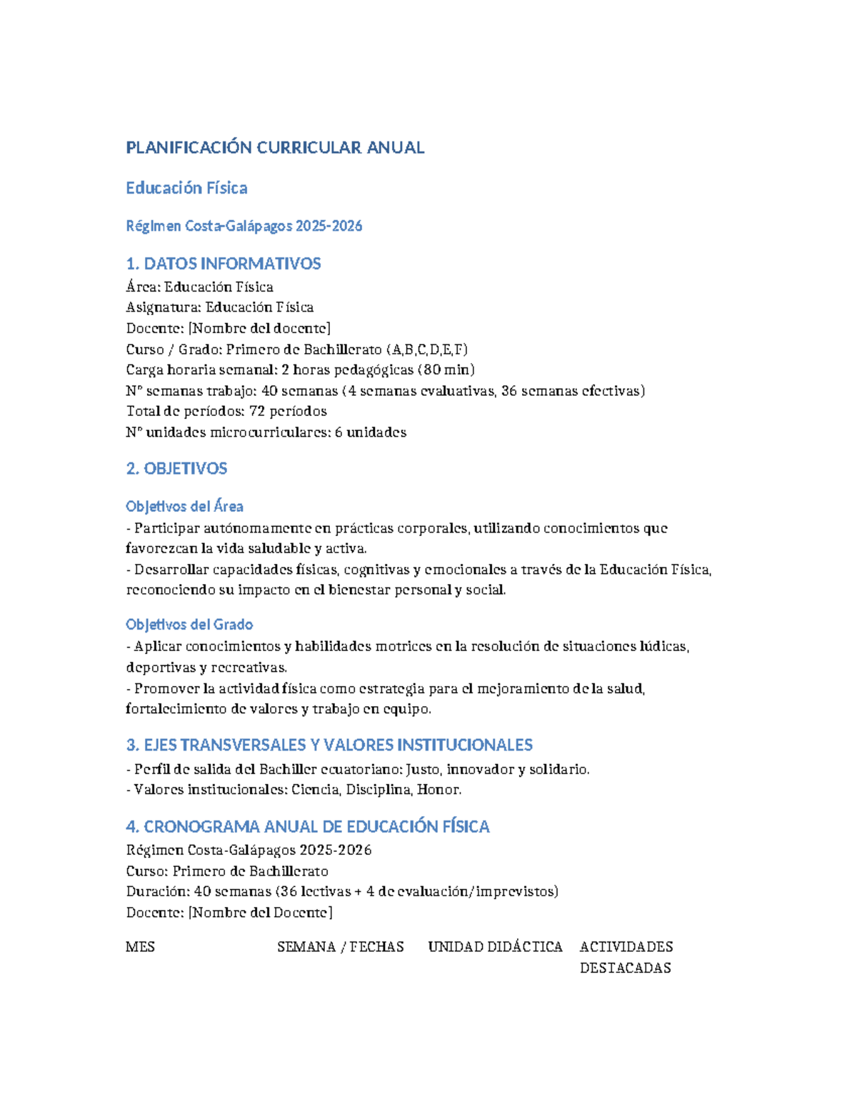 Planificación Anual Educación Física 1B 2025-2026: Objetivos y Cronograma - Studocu