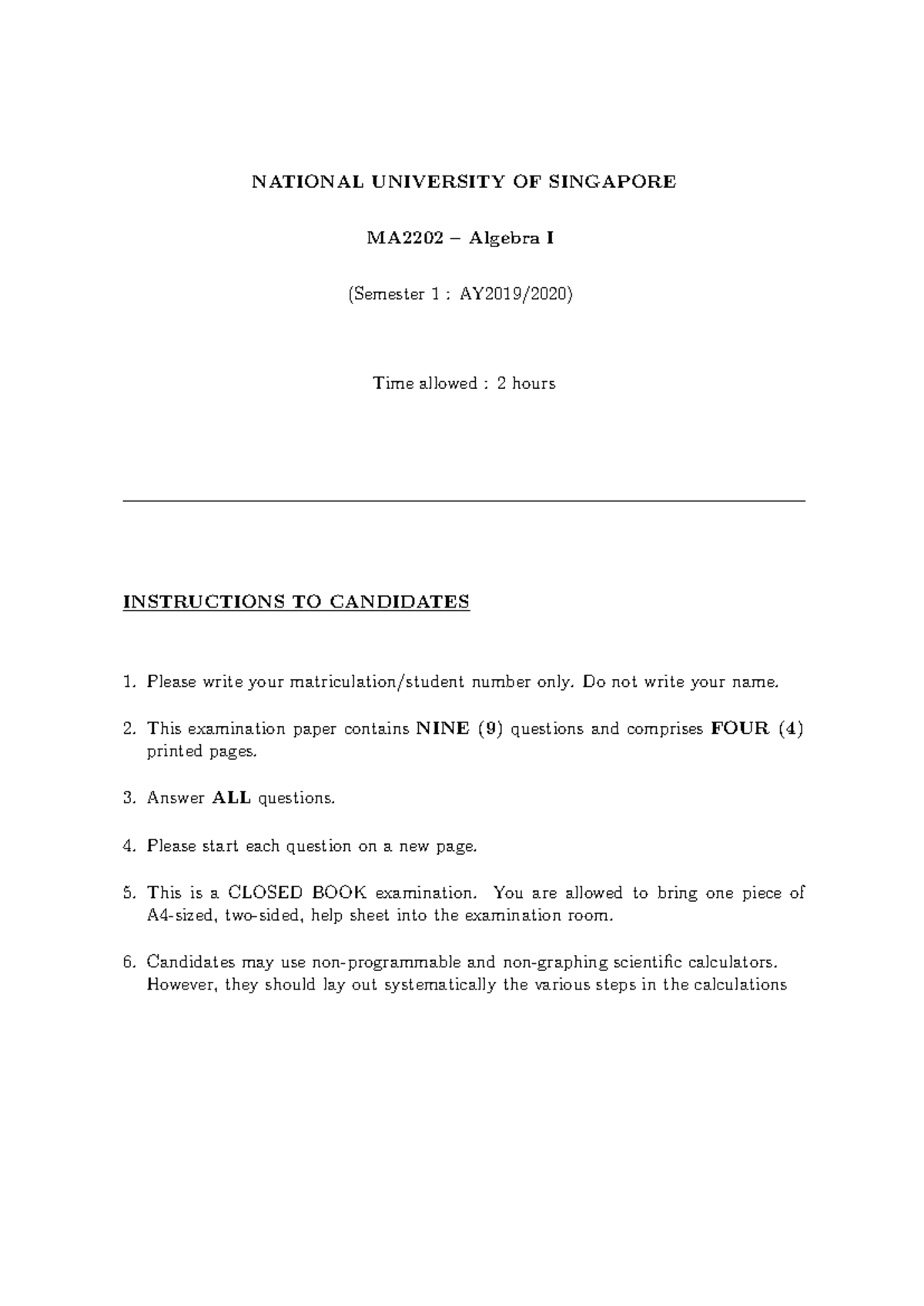 MA2202 Algebra I Final Exam Instructions and Questions (Semester 1 ...