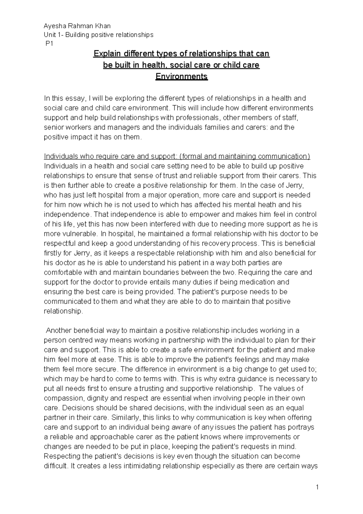 Unit 1 - P1: Building Positive Relationships in Health & Social Care ...