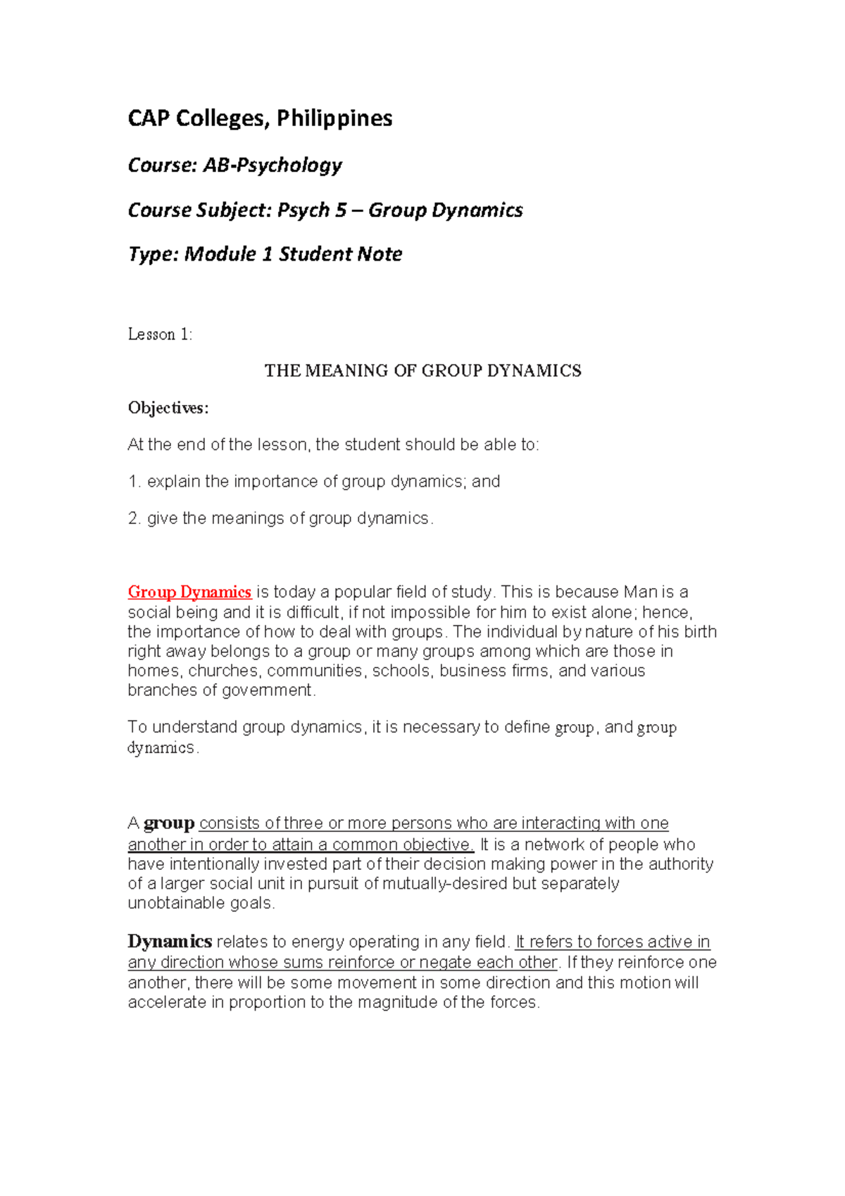 Psy 5 Group Dynamics - Module 1: Understanding Group Behavior - Studocu