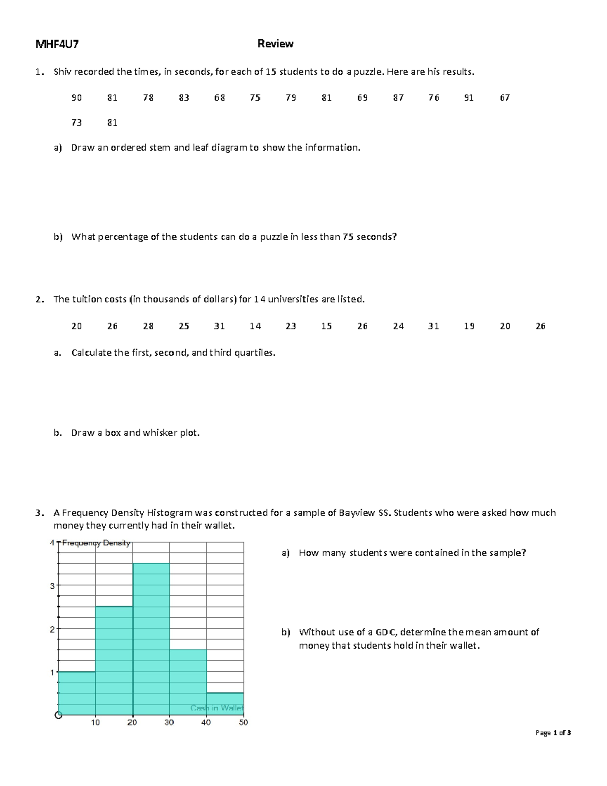 MHF4U7 Unit 6 Part A - Review of Statistics and Data Analysis - Studocu