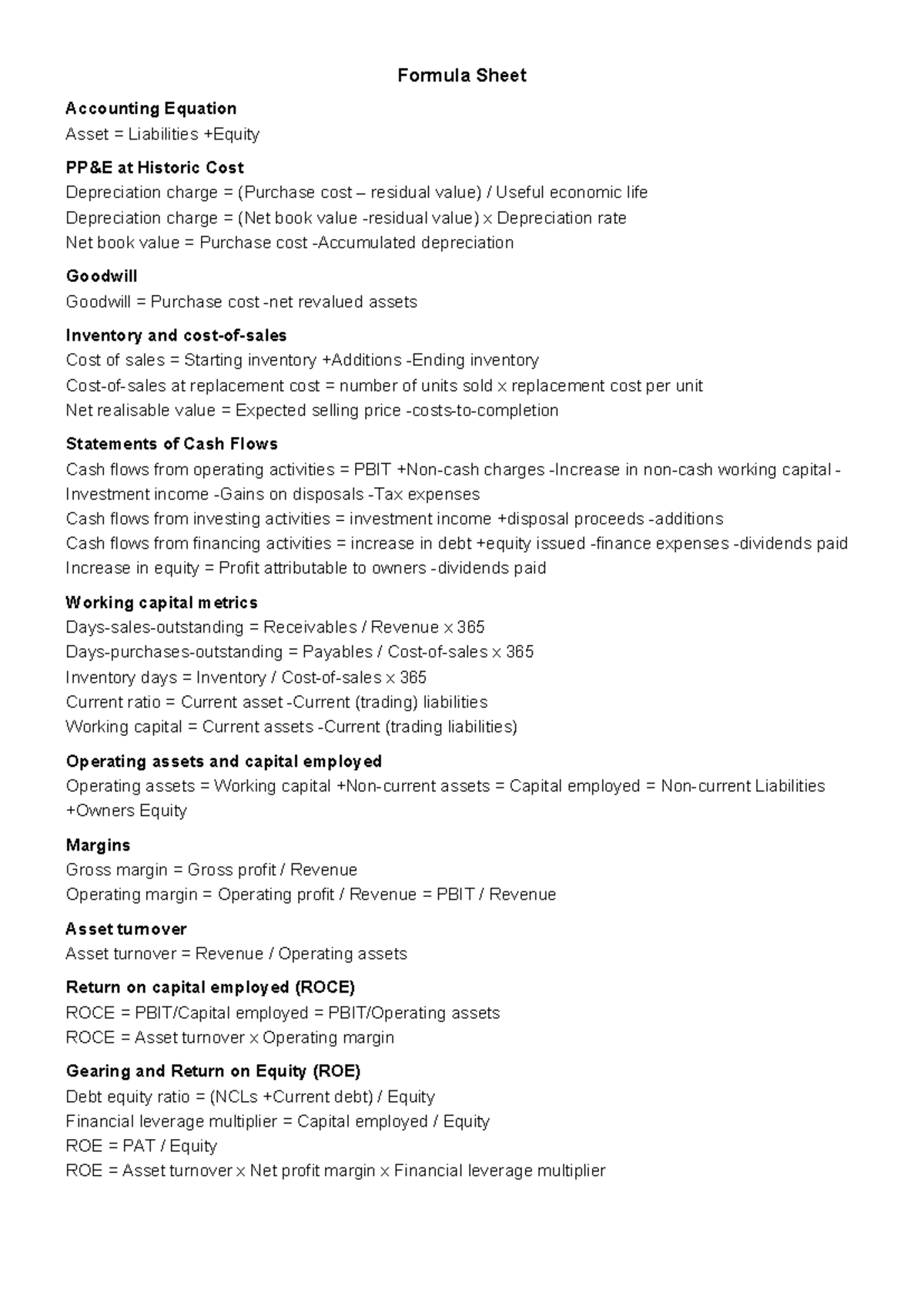 24BSA525 Accounting Formula Sheet: Key Equations & Metrics - Studocu