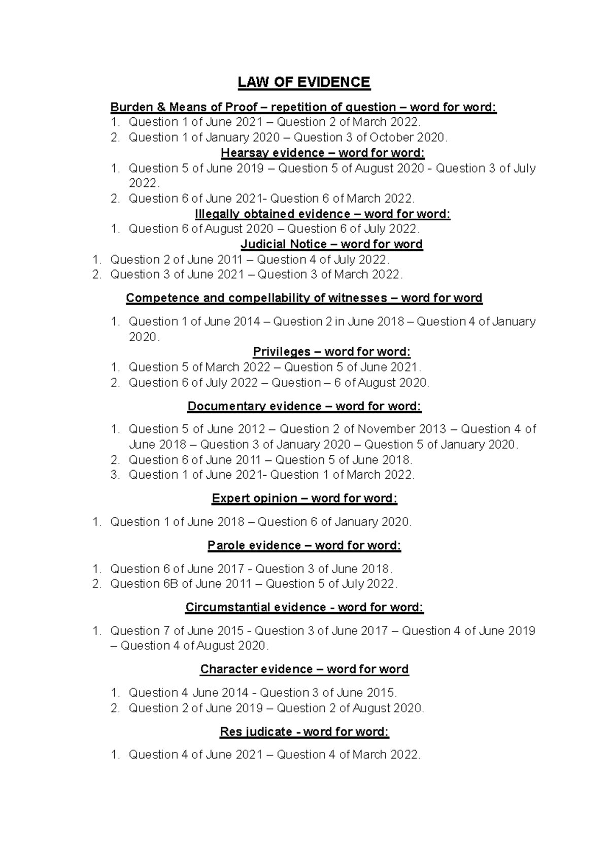 LAW OF Evidence EXAM PREP - LAW OF EVIDENCE Burden & Means of Proof ...