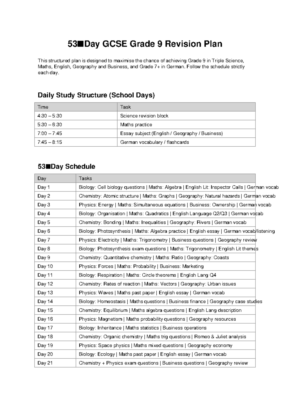 GCSE Grade 9 53-Day Revision Plan for Triple Science & More - Studocu