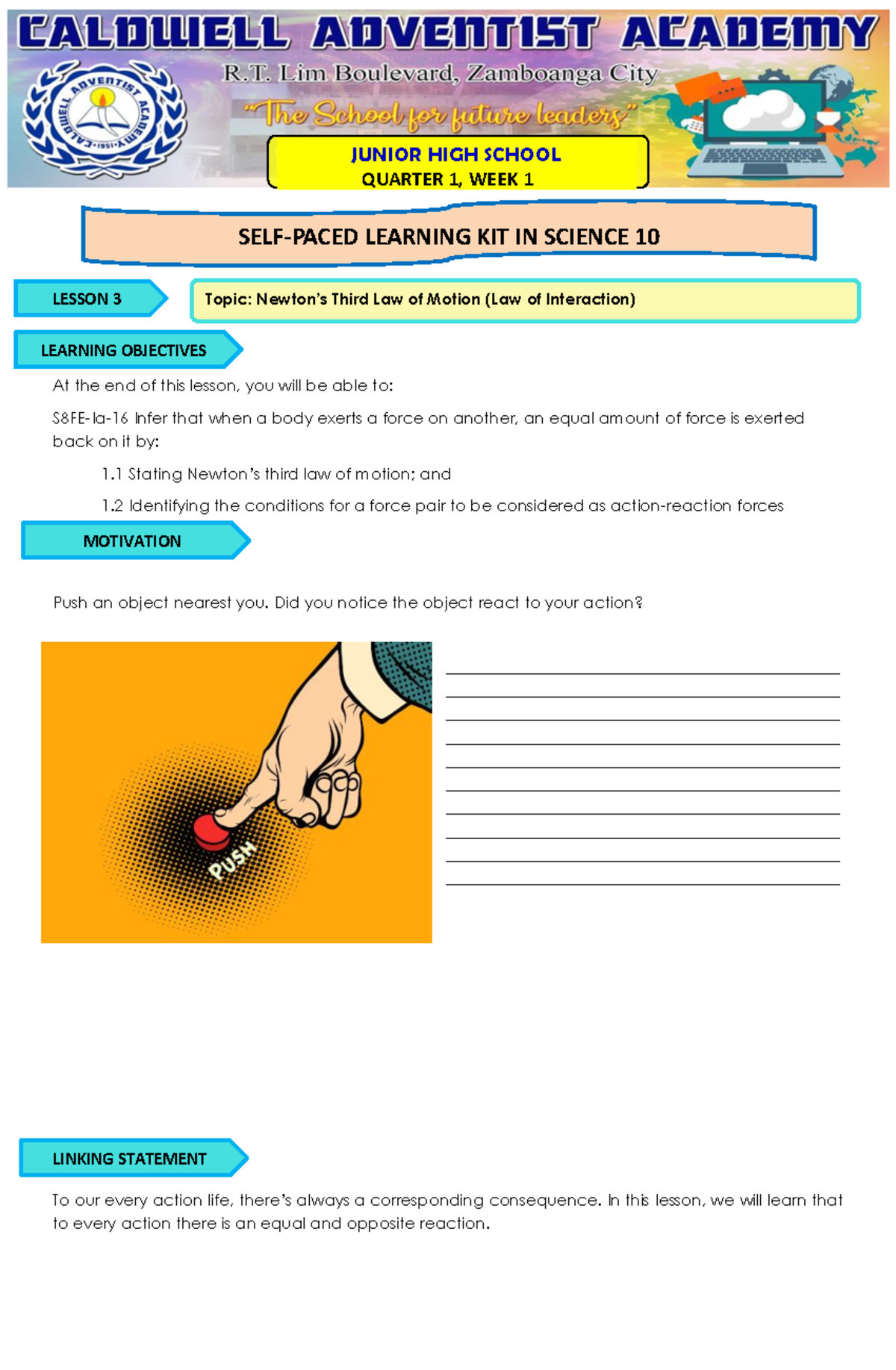 Science 8-Q1W1L3 - Understanding Newton's Third Law of Motion - Studocu