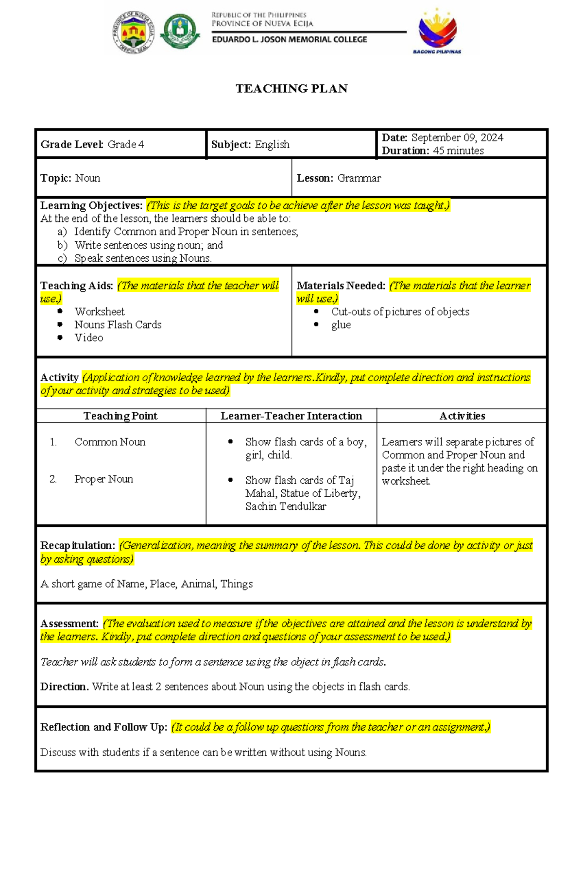 Teaching-PLAN- Example - TEACHING PLAN Grade Level: Grade 4 Subject ...