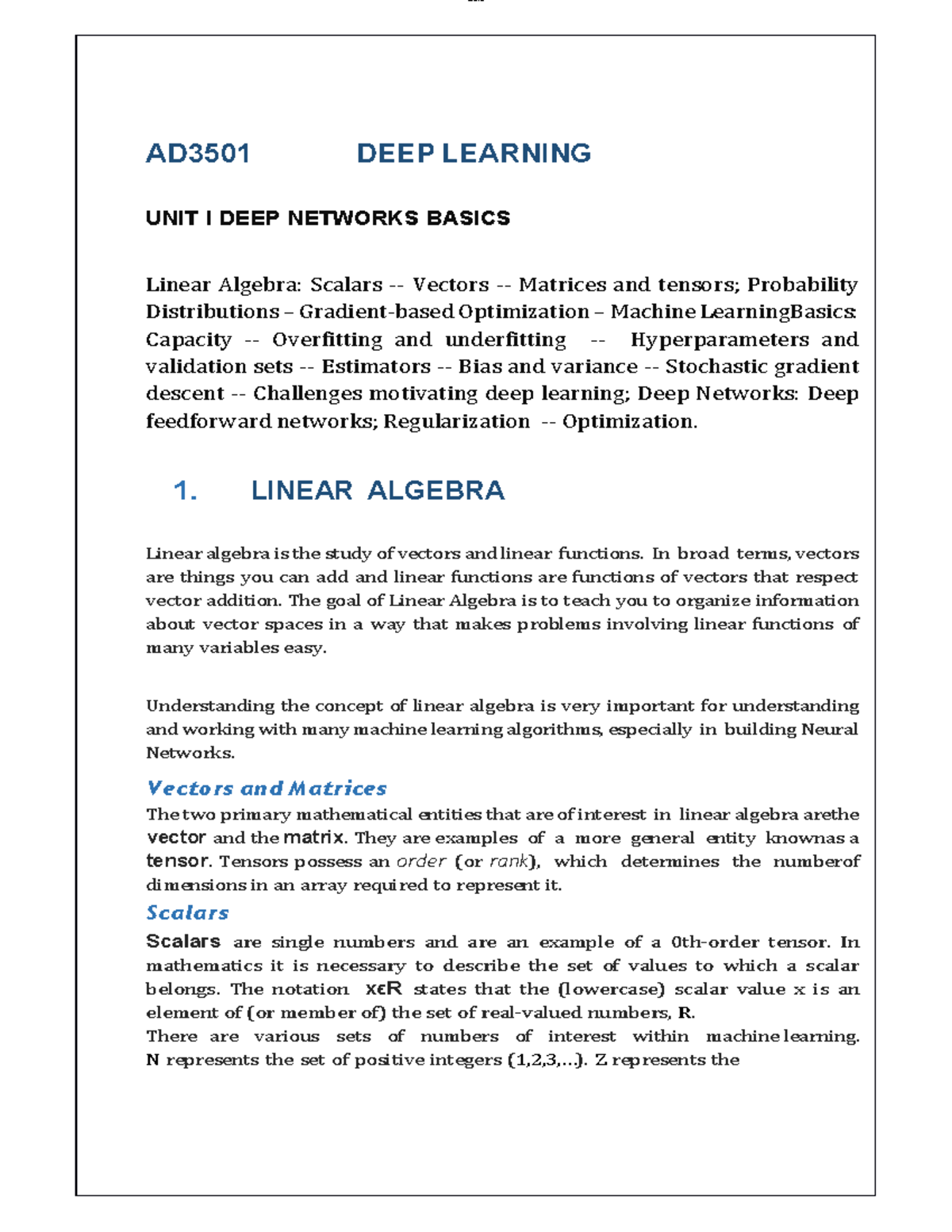 AD3501 Deep Learning Unit 1: Fundamentals of Deep Networks - Studocu
