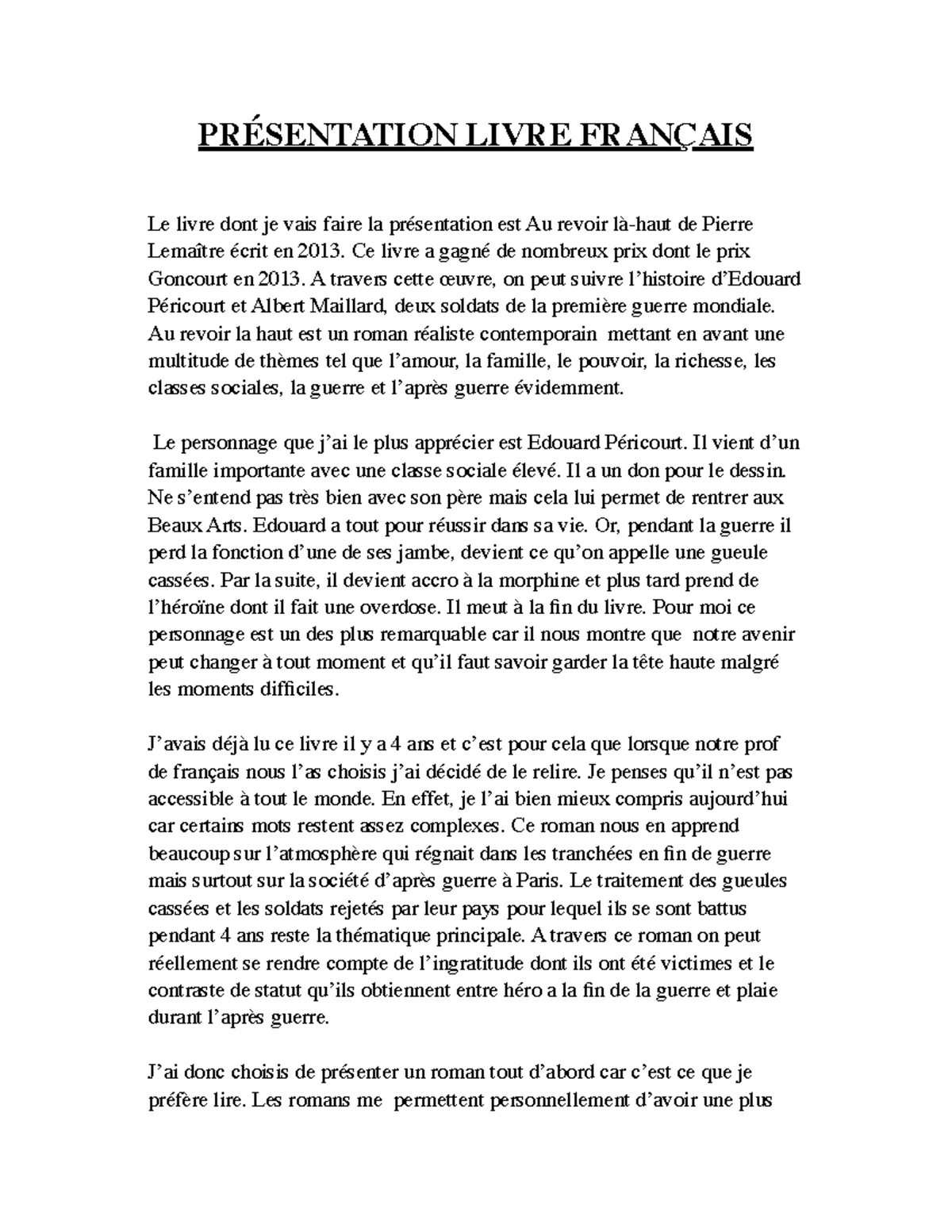 Présentation du livre "Au revoir là-haut" - Bac de Français - Studocu