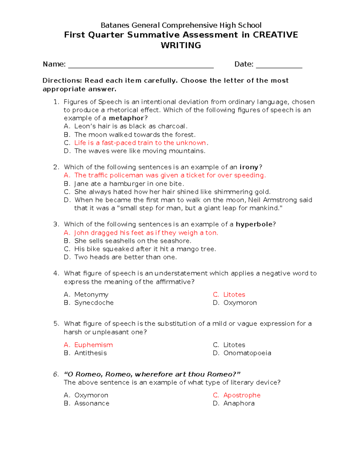 Creative Writing - Exam - Batanes General Comprehensive High School ...