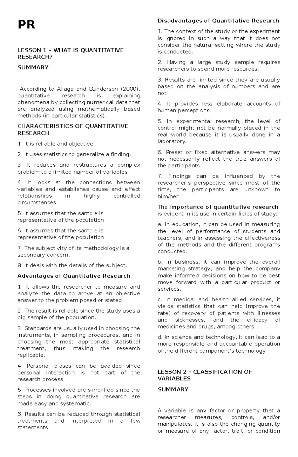 PR 2 - Lesson Notes on Quantitative Research Concepts and Variables ...