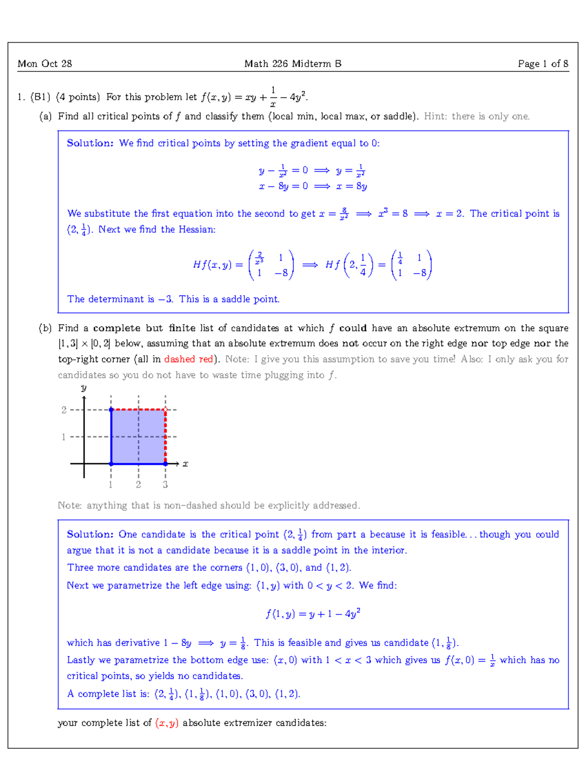Math 226 Midterm B Solutions - Critical Points & Integrals - Studocu