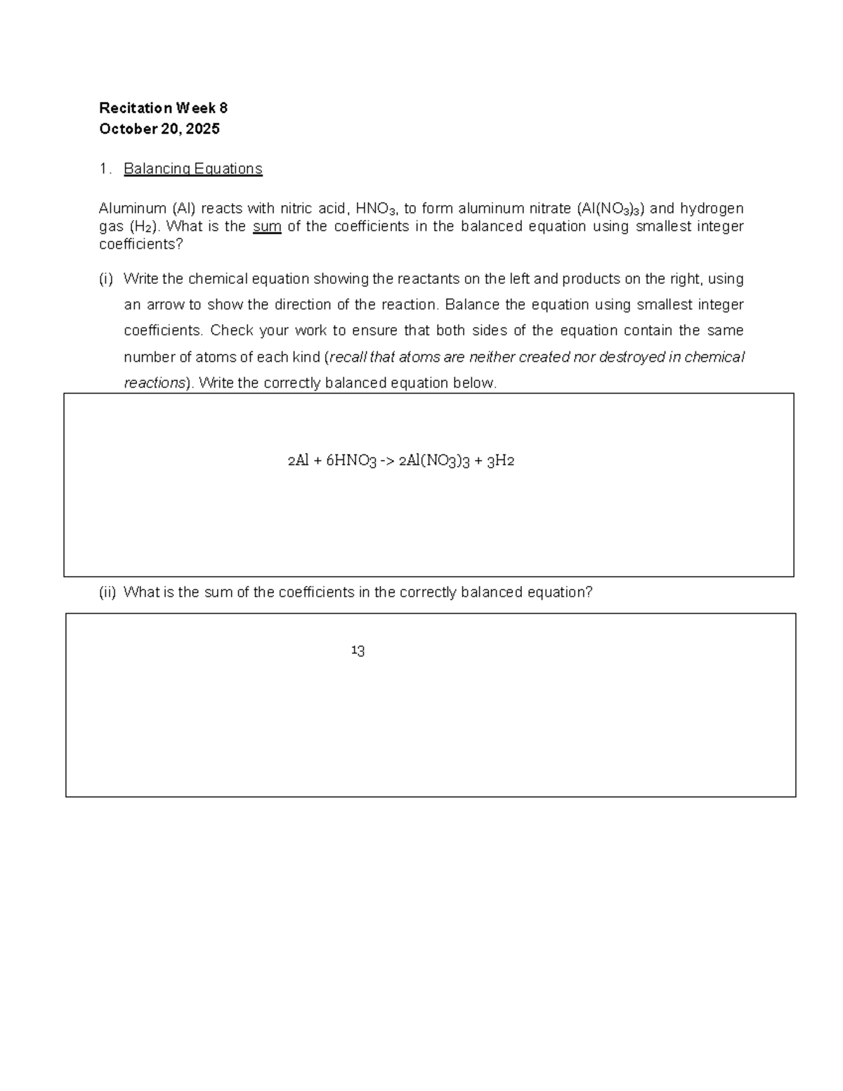 CHM129 F2025 Recitation Week 8 Worksheet: Balancing Equations ...