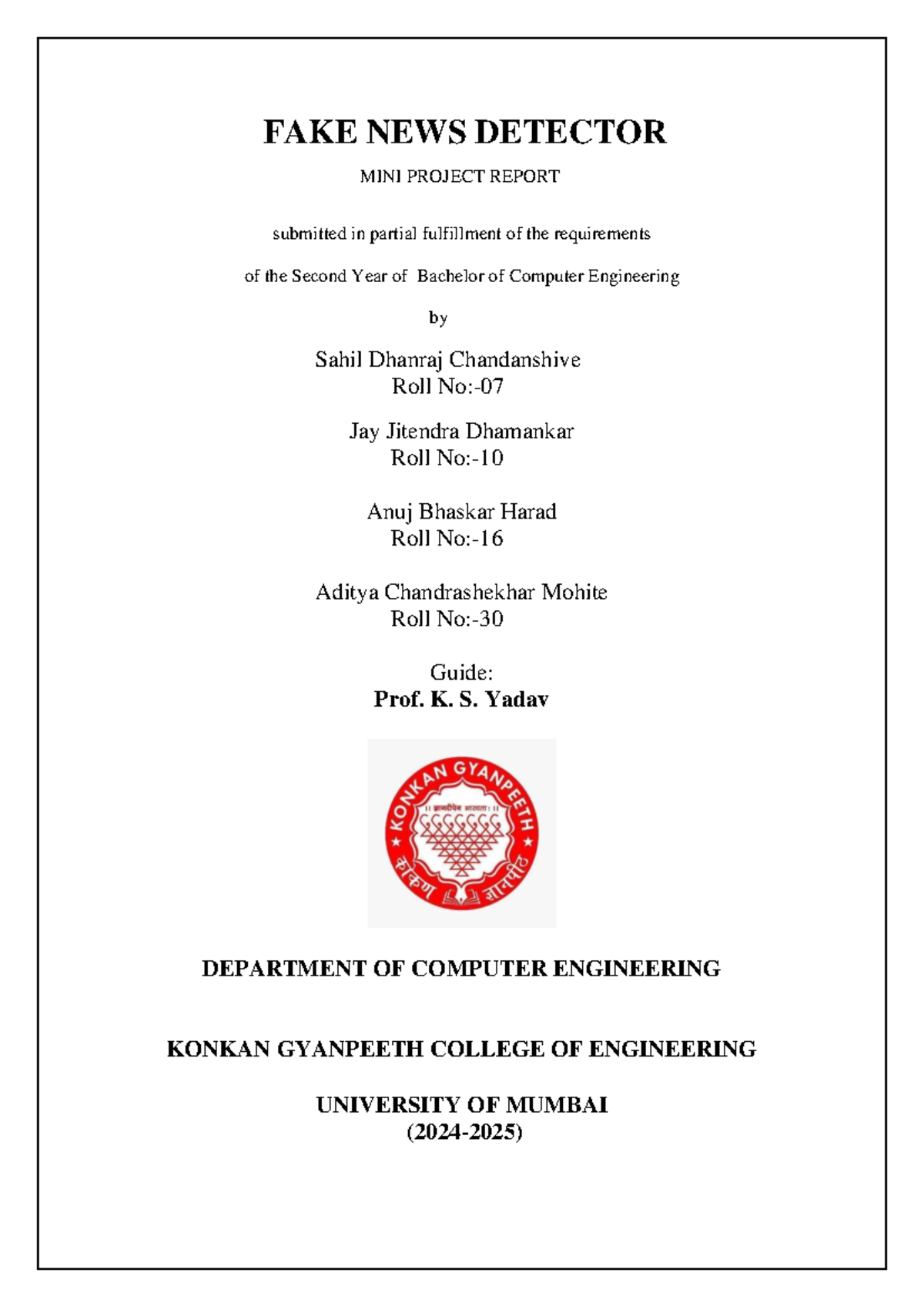 FAKE NEWS DETECTOR MINI PROJECT REPORT - CE 2nd Year - Studocu